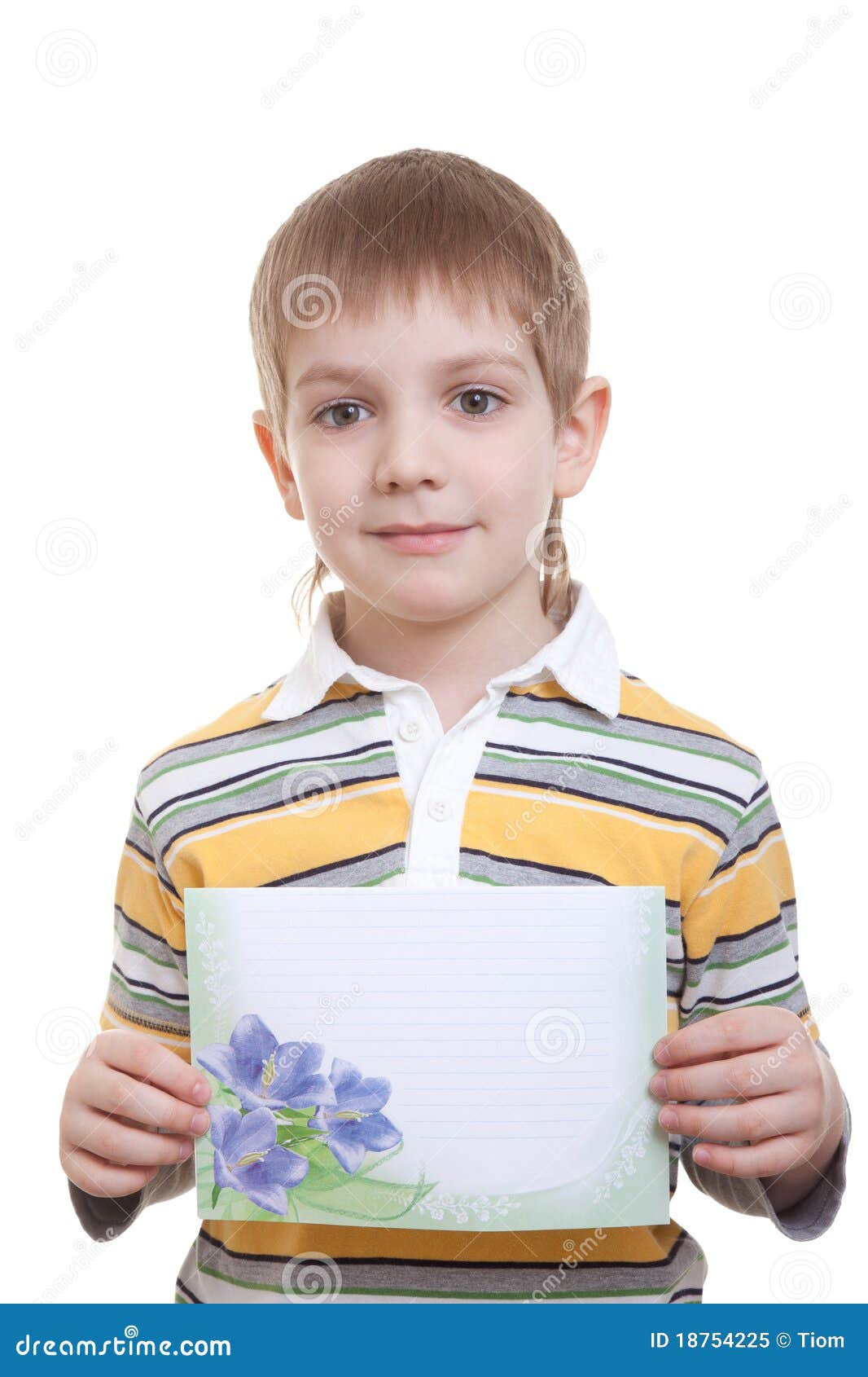 Boy Holding Sheet of Paper with Blue Flowers Stock Image - Image of ...