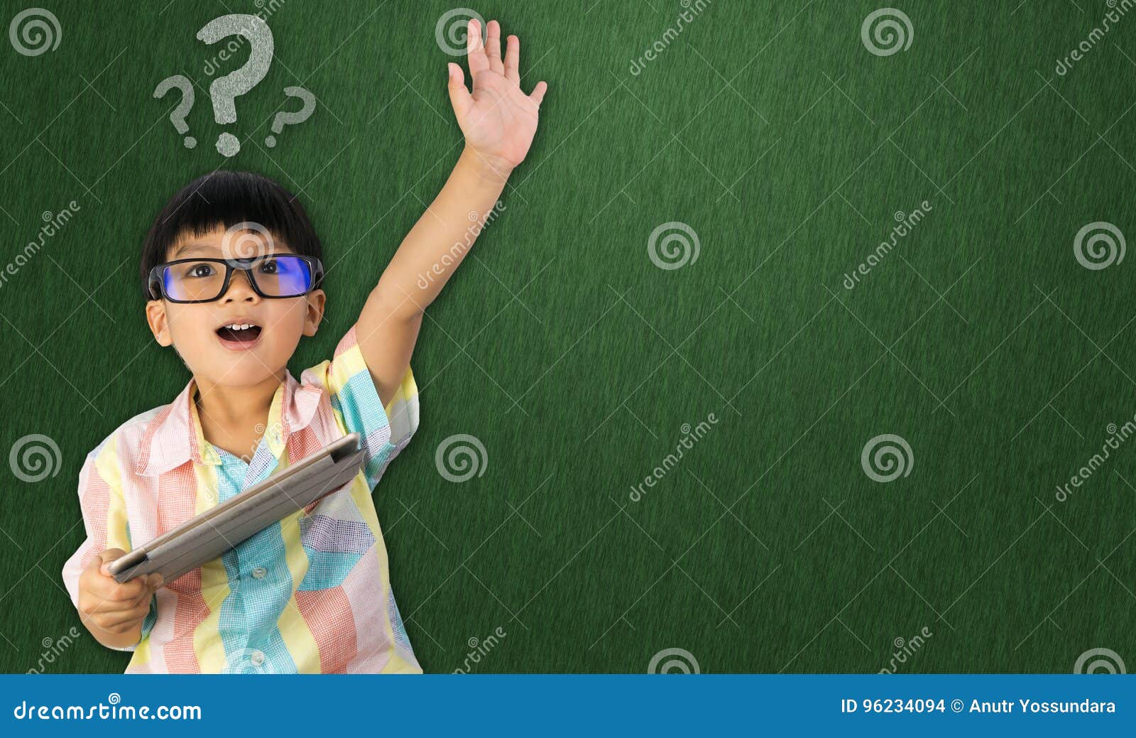Boy Holding Tablet Raise His Hand Up for Question Stock Photo - Image ...
