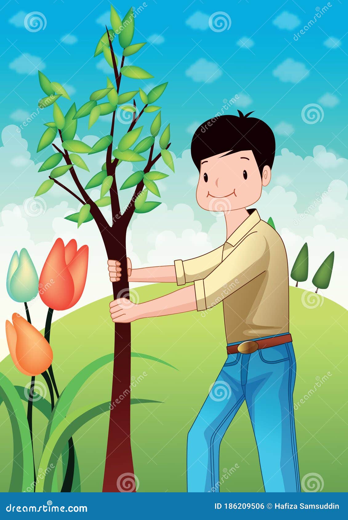 Boy Holding Tree in Hands. Vector Illustration Decorative Design Stock ...