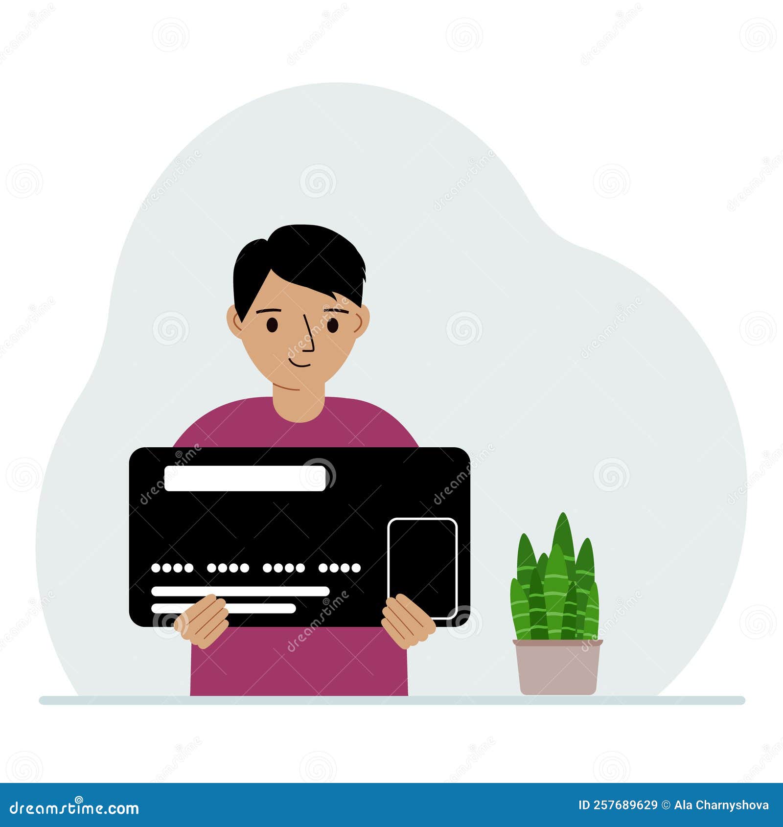 A Boy Holds a Large Credit Card in His Hands. Stock Vector ...