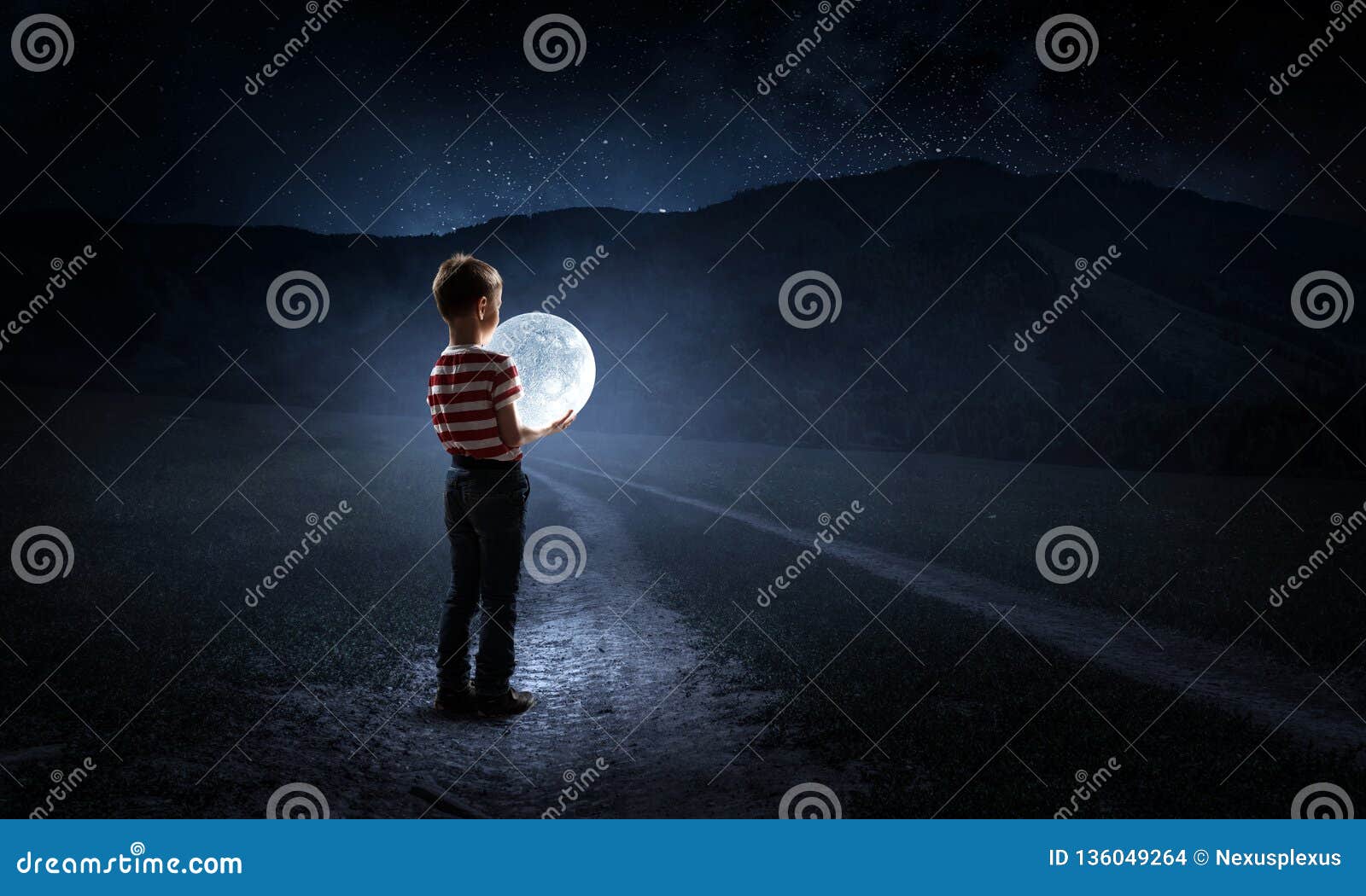 Boy Holds the Moon . Mixed Media Stock Photo - Image of character ...