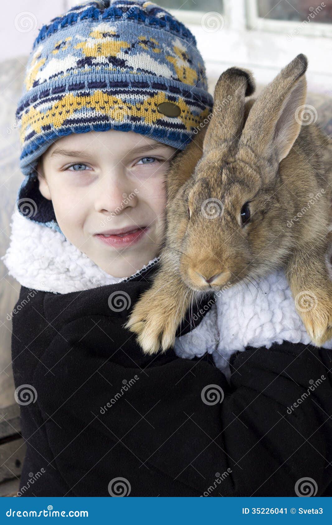 Boy Holds on the Shoulder of Rabbit. Stock Image - Image of beautiful ...