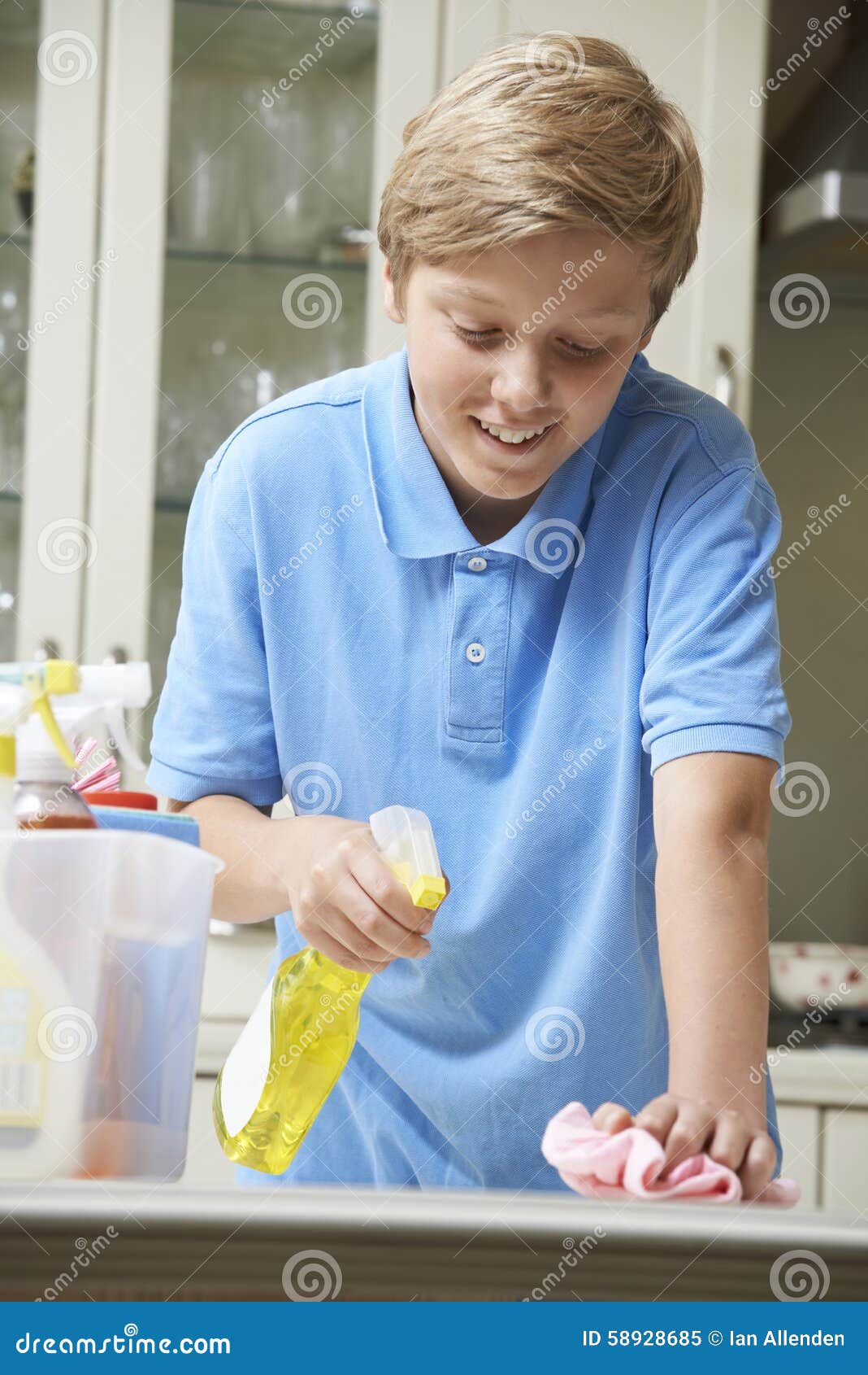 Boy at Home Helping To Clean Kitchen Stock Image - Image of polish ...