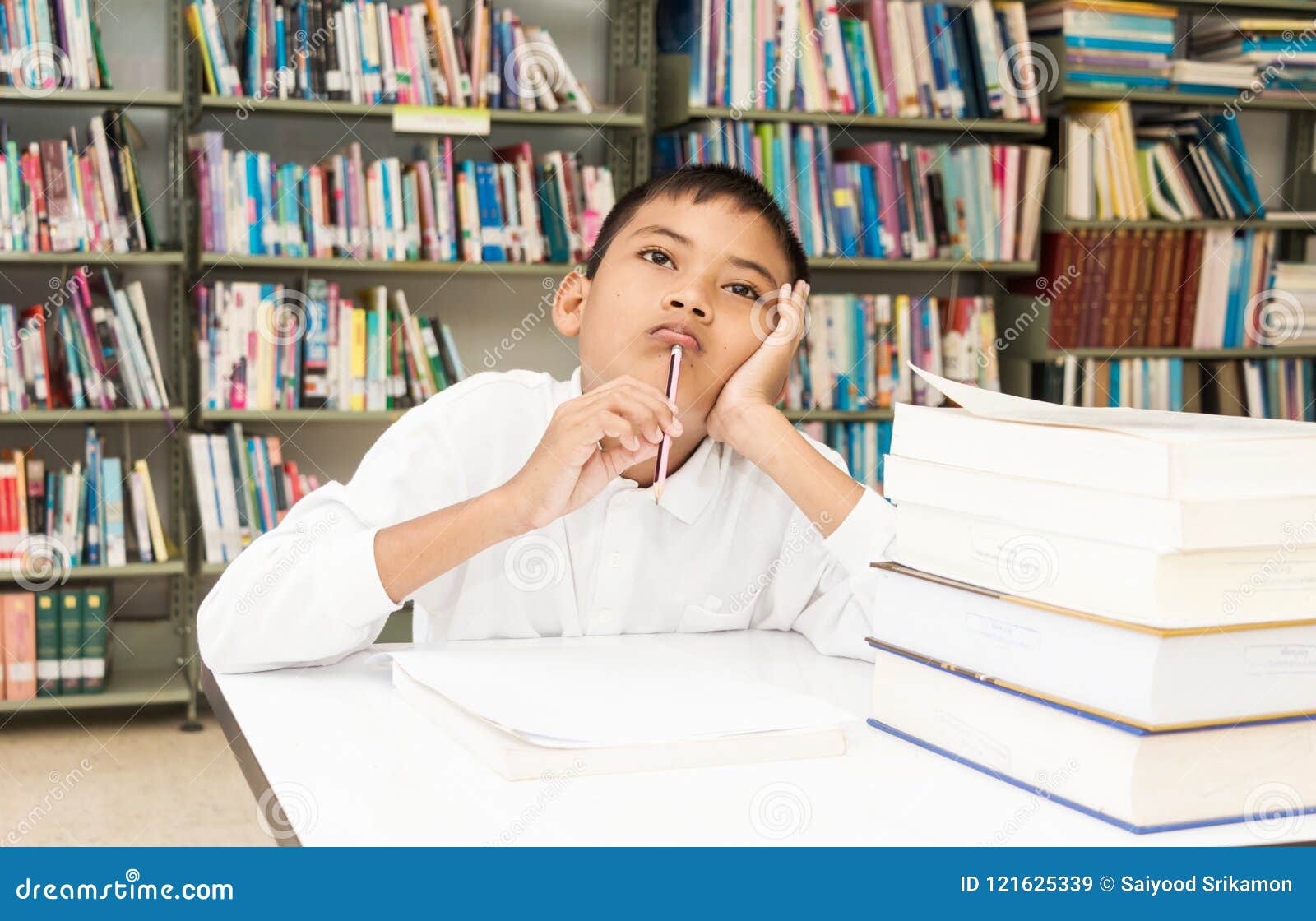 Boy and homework. stock image. Image of library, notebook - 121625339