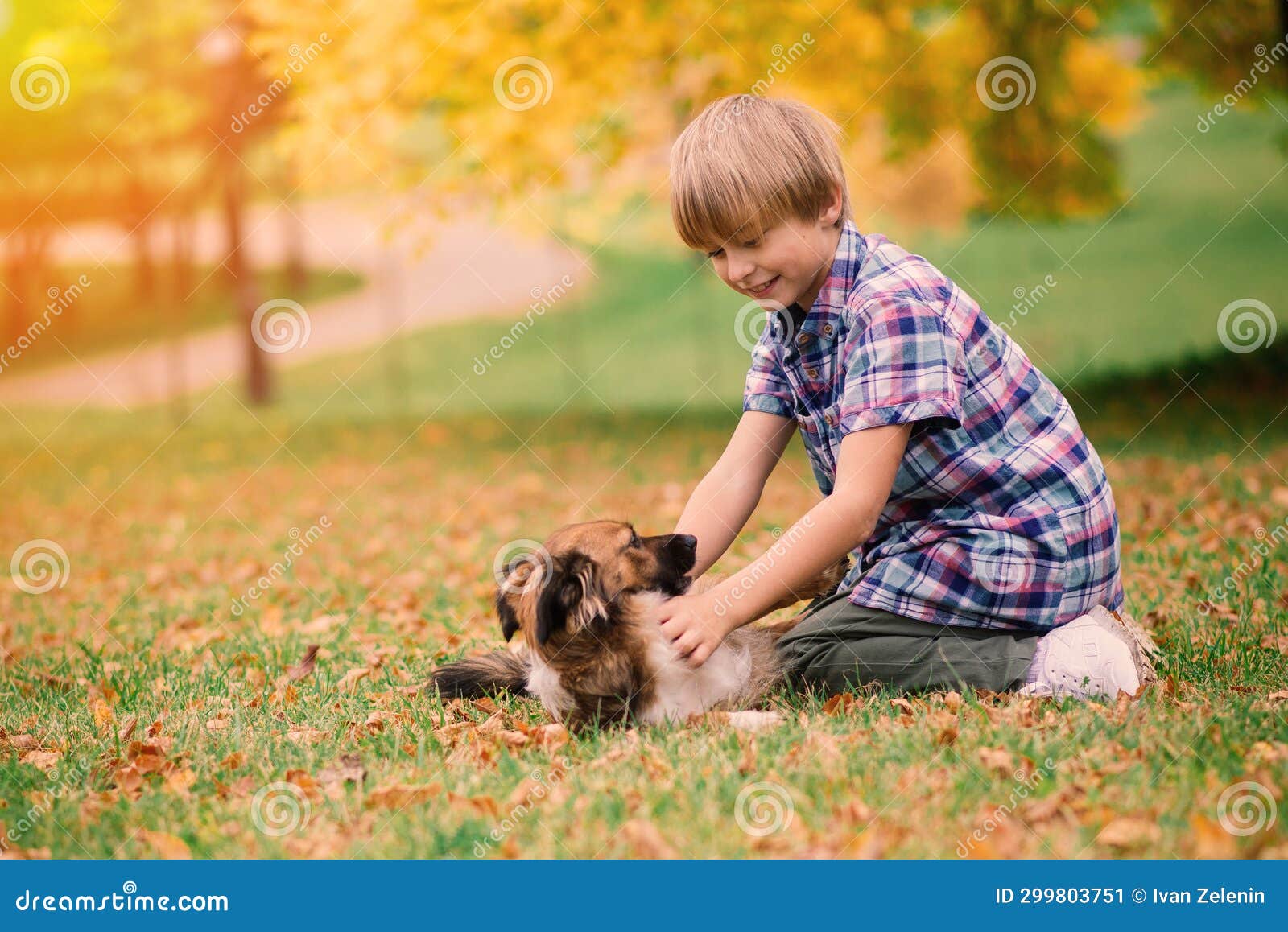 Boy Hugging Dog and Playing with in the Fall, City Park Stock Image ...
