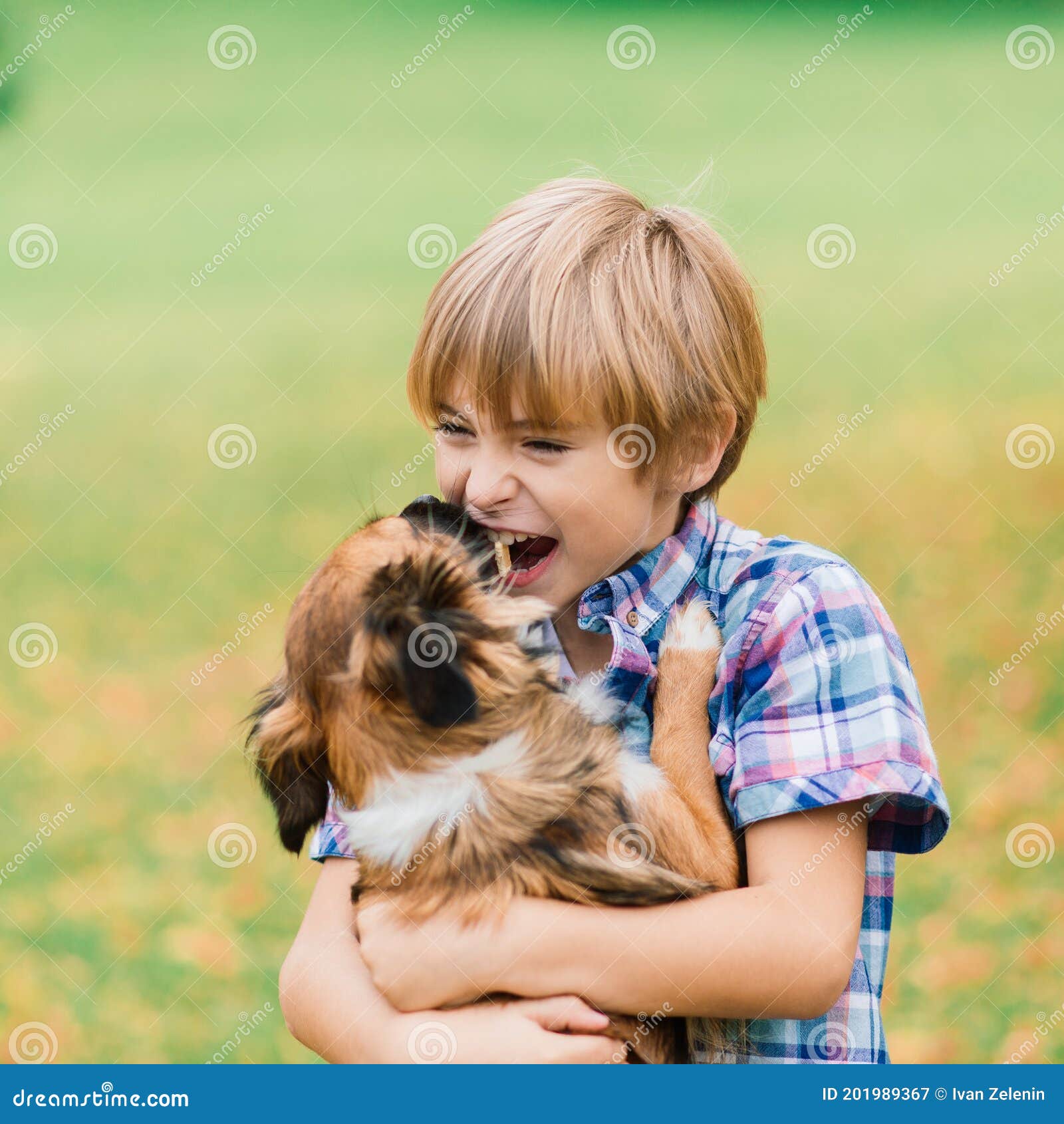 Boy Hugging Dog and Plyaing with in the Fall, City Park Stock Image ...