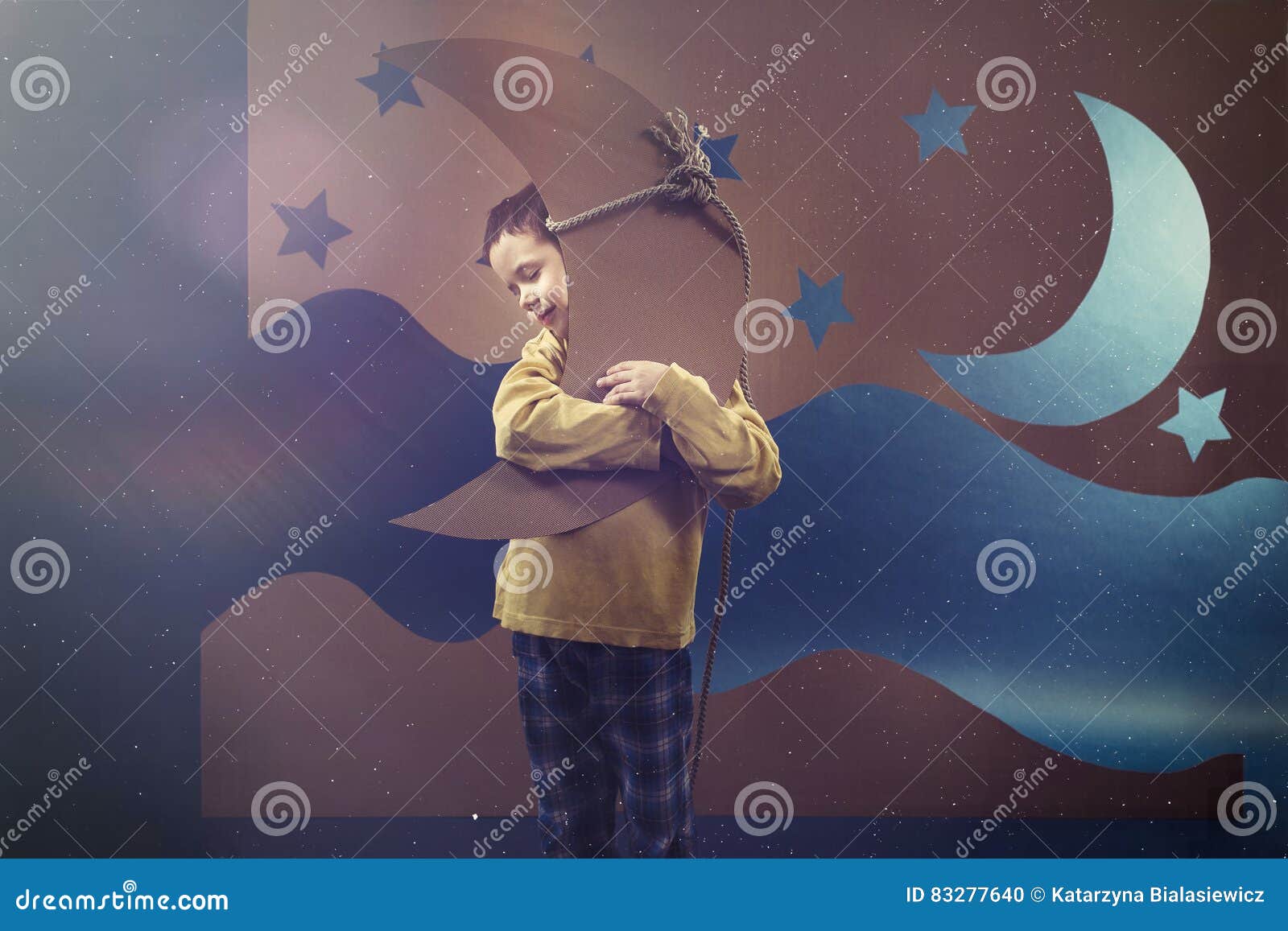 Boy hugging the moon stock photo. Image of stars, dream - 83277640