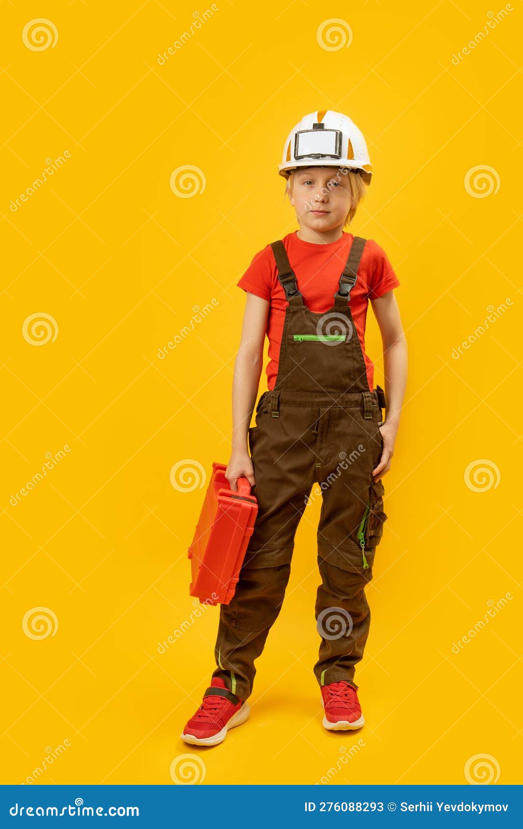 Boy Imitates Worker. Child in Work Overalls and Helmet with Suitcase of ...