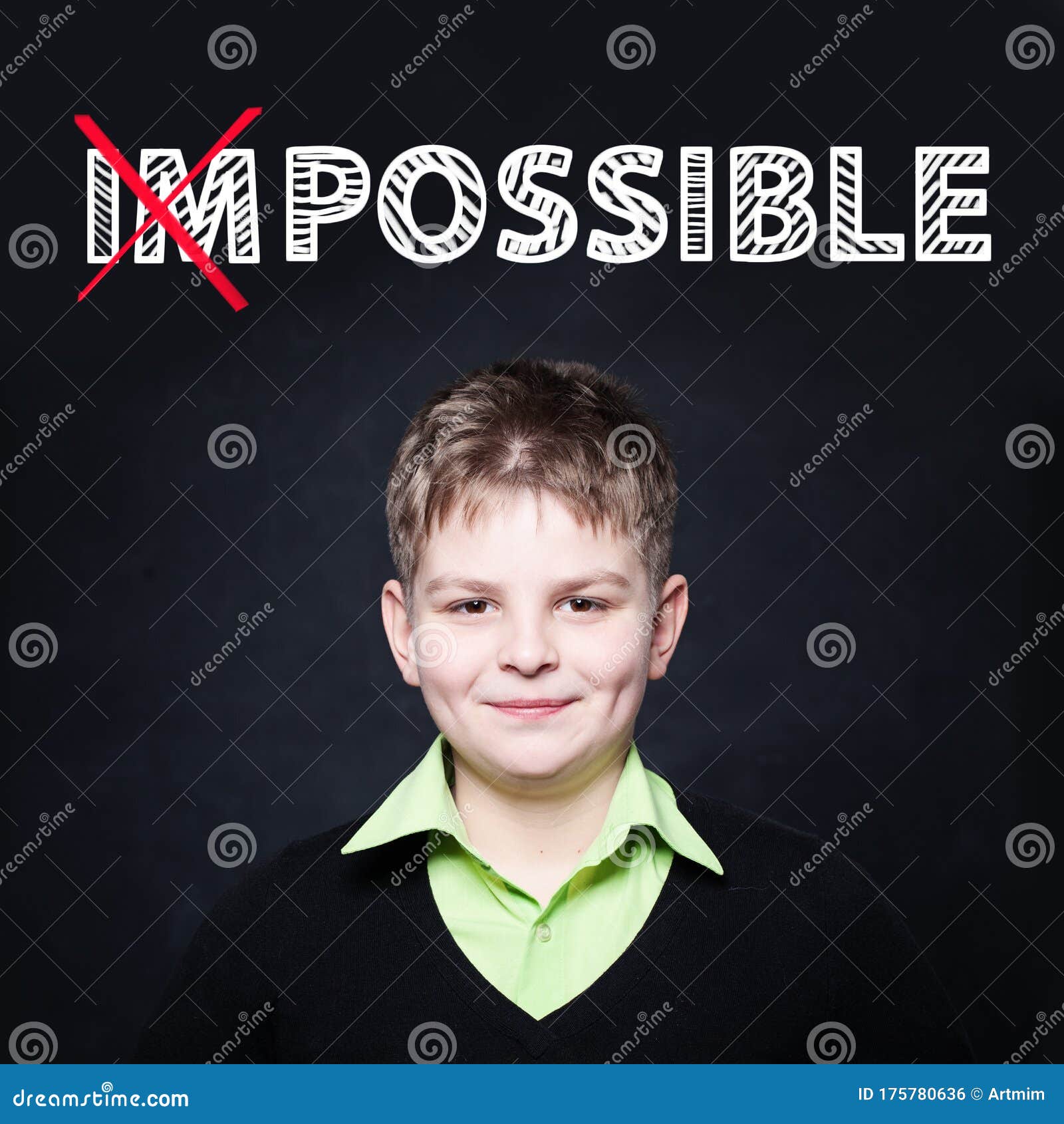 Boy with Impossible Word on Chalkboard. Shot in the Classroom Stock ...