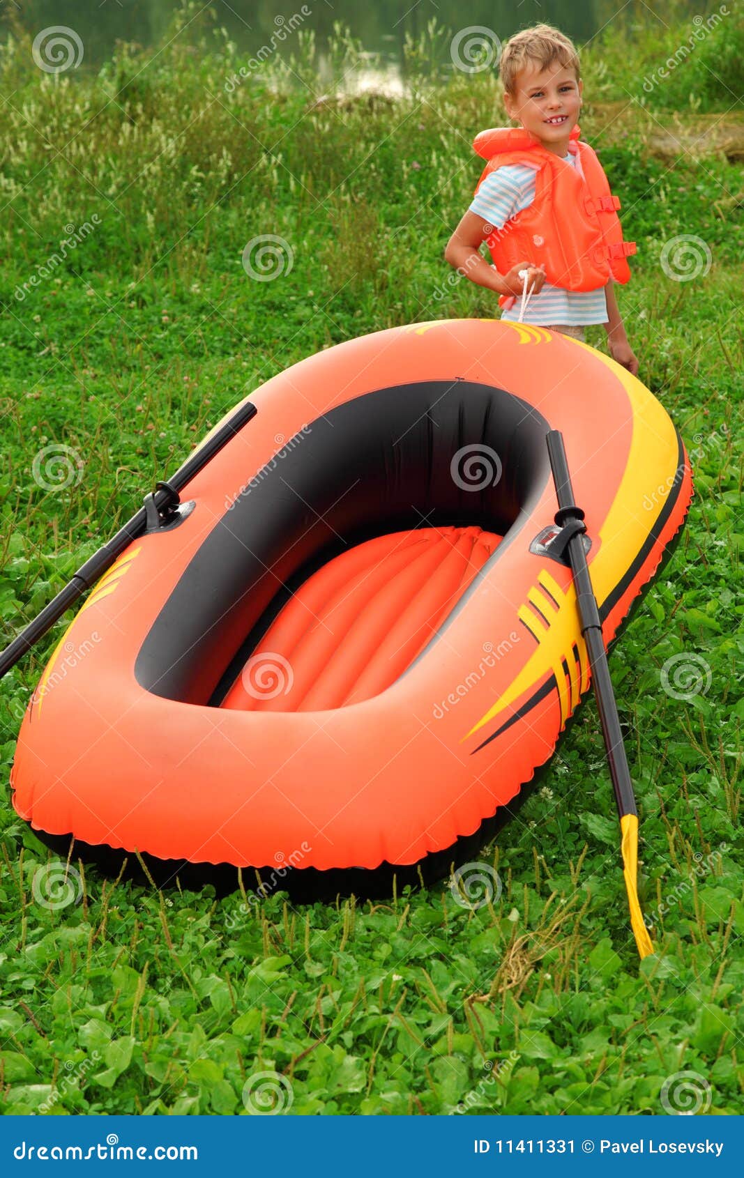 Boy and Inflatable Boat on Lawn Stock Image - Image of childhood ...