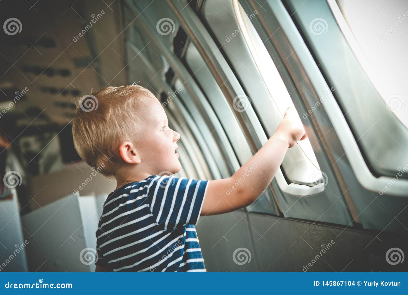Boy Inside Airplane Window Study Cabin Retro Stock Photo - Image of ...