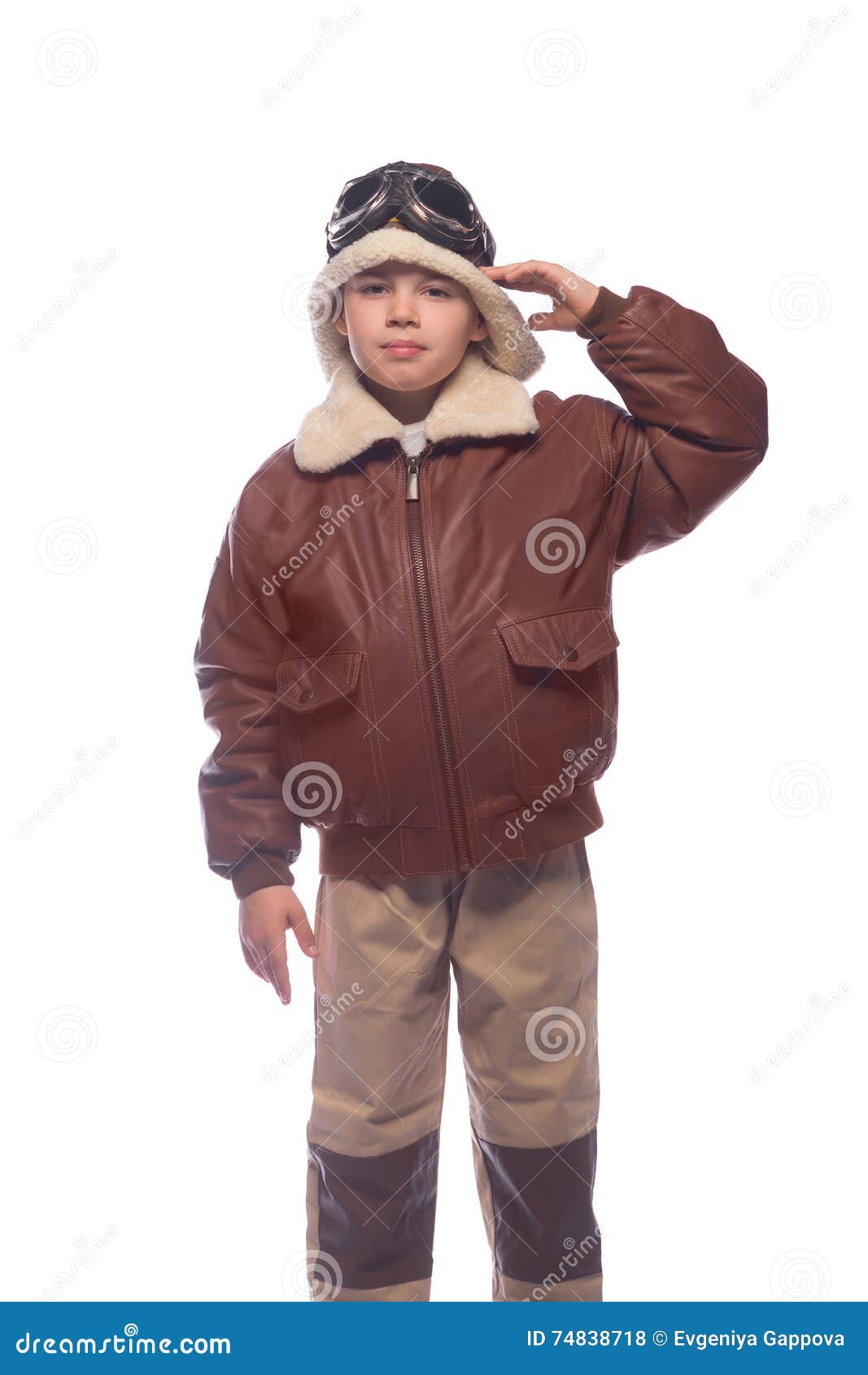 The Boy is an Aviator in the Jacket of the Pilot and in Old Glasses ...