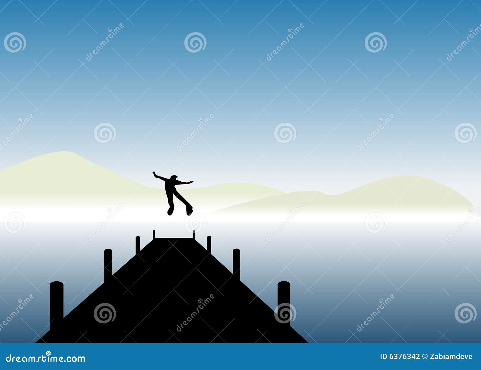 Boy jumping in a lake stock vector. Illustration of dusk - 6376342