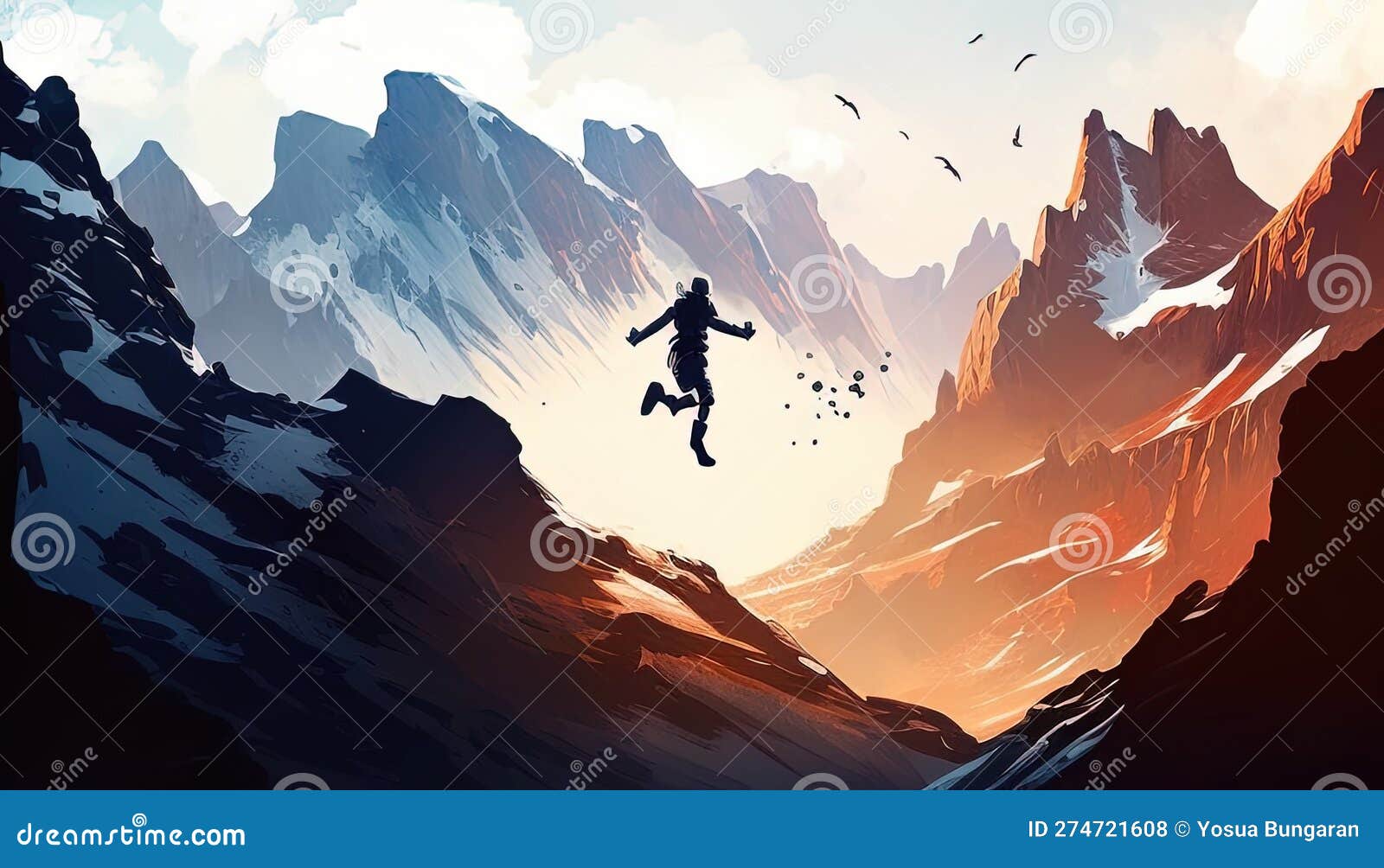 Boy Jumping Over the Mountain, Digital Art Illustration, Generative AI ...