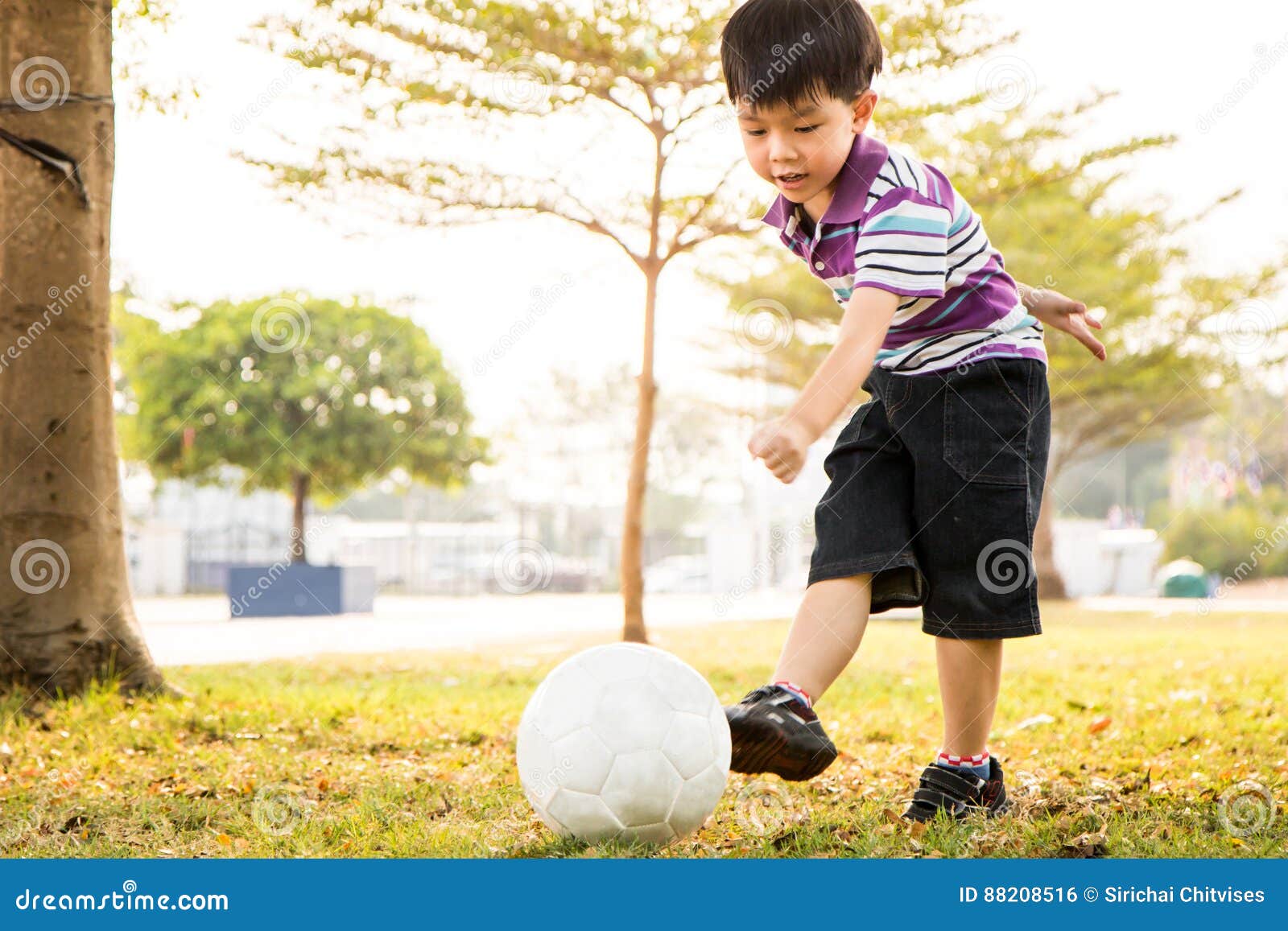 Boy Kick Ball at the Park in the Evening Stock Photo - Image of enjoy ...