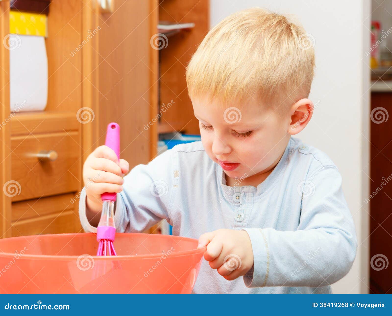 Boy Kid Baking Cake. Child Beating Dough with Wire Whisk. Kitchen ...