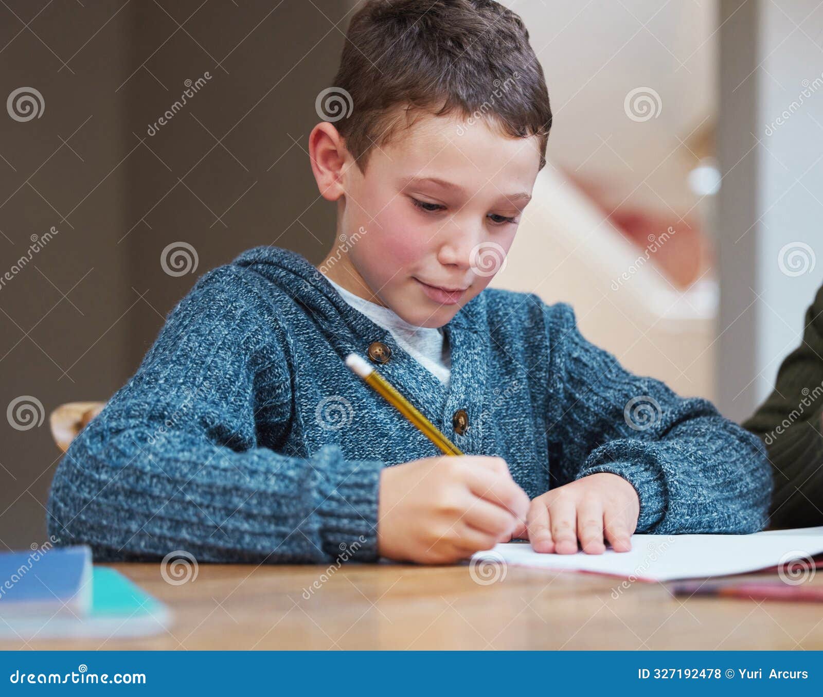Boy, Kid and Homework with Paper on Table for Knowledge, Learning and ...