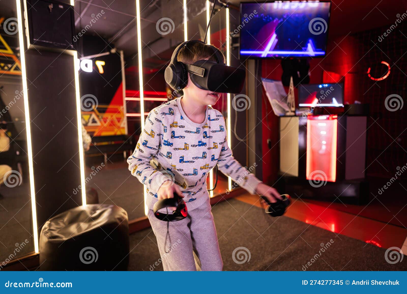 Boy Kid Playing Game Using Virtual Reality Headset and Gamepads in ...