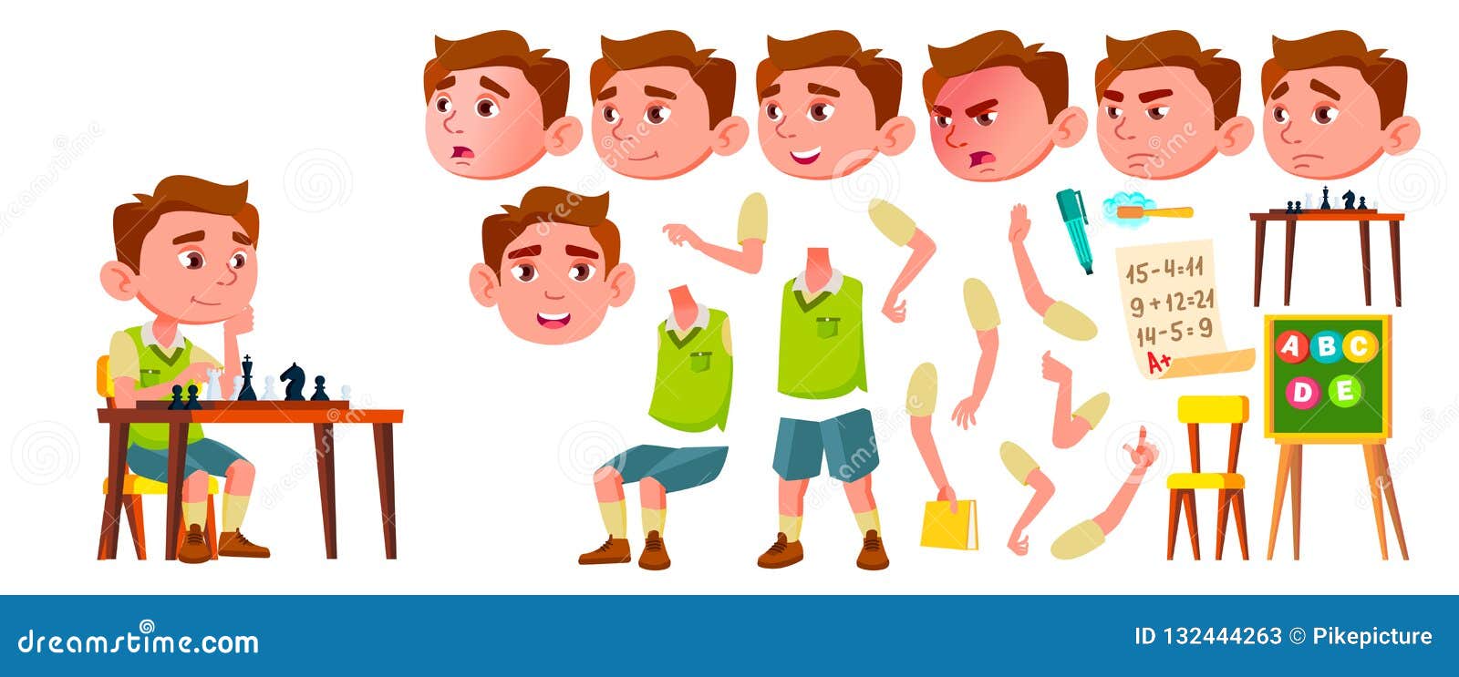 Boy Kindergarten Kid Vector. Animation Creation Set. Face Emotions ...