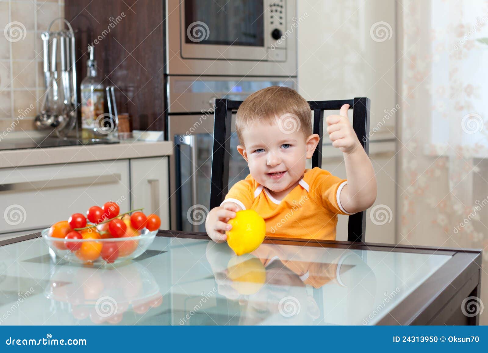 Boy at Kitchen with Healthy Food and Showing Stock Photo - Image of ...