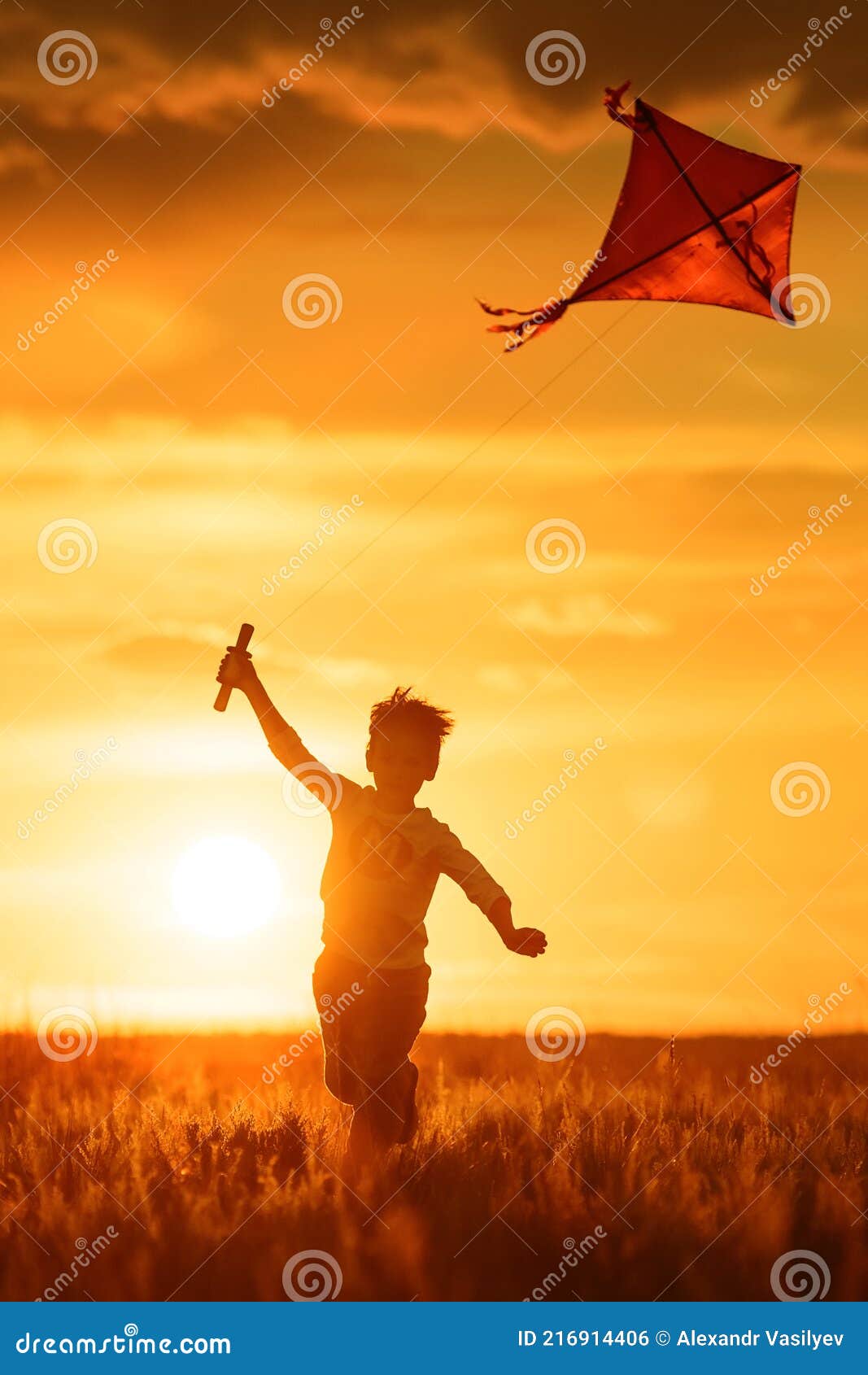 Boy with a kite at sunset stock photo. Image of imagine - 216914406