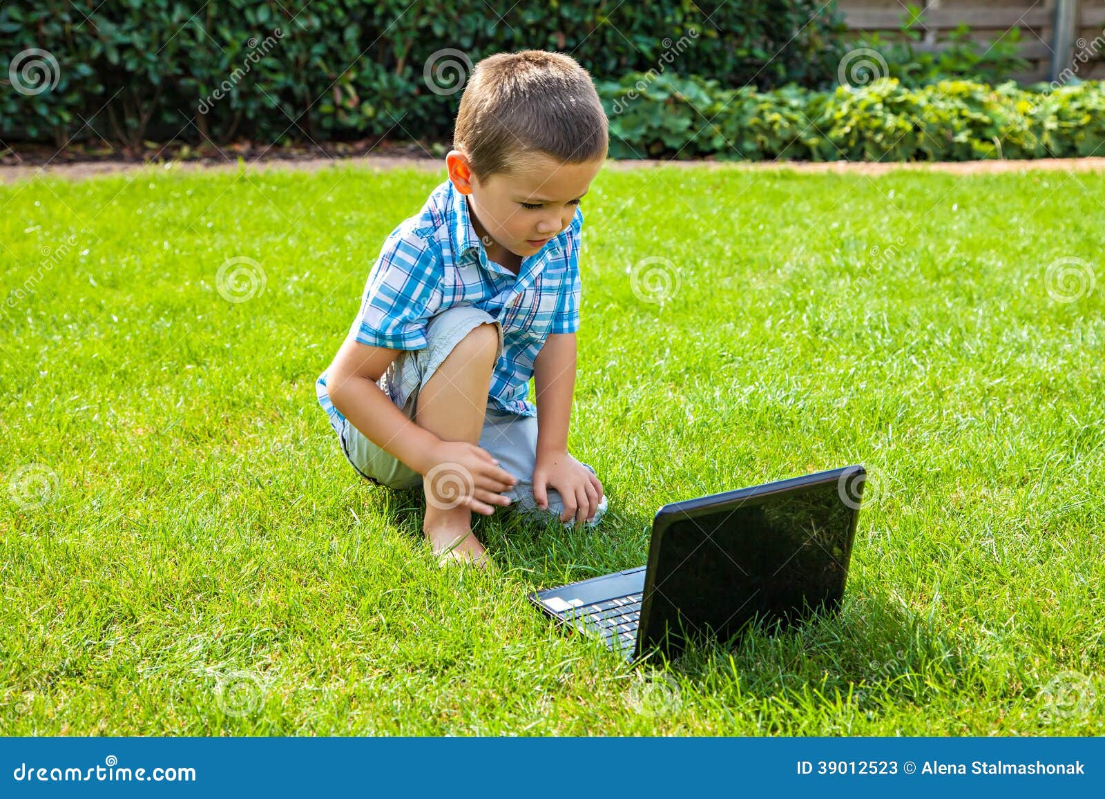 Boy with Laptop Computer Outdoors Stock Image - Image of education ...