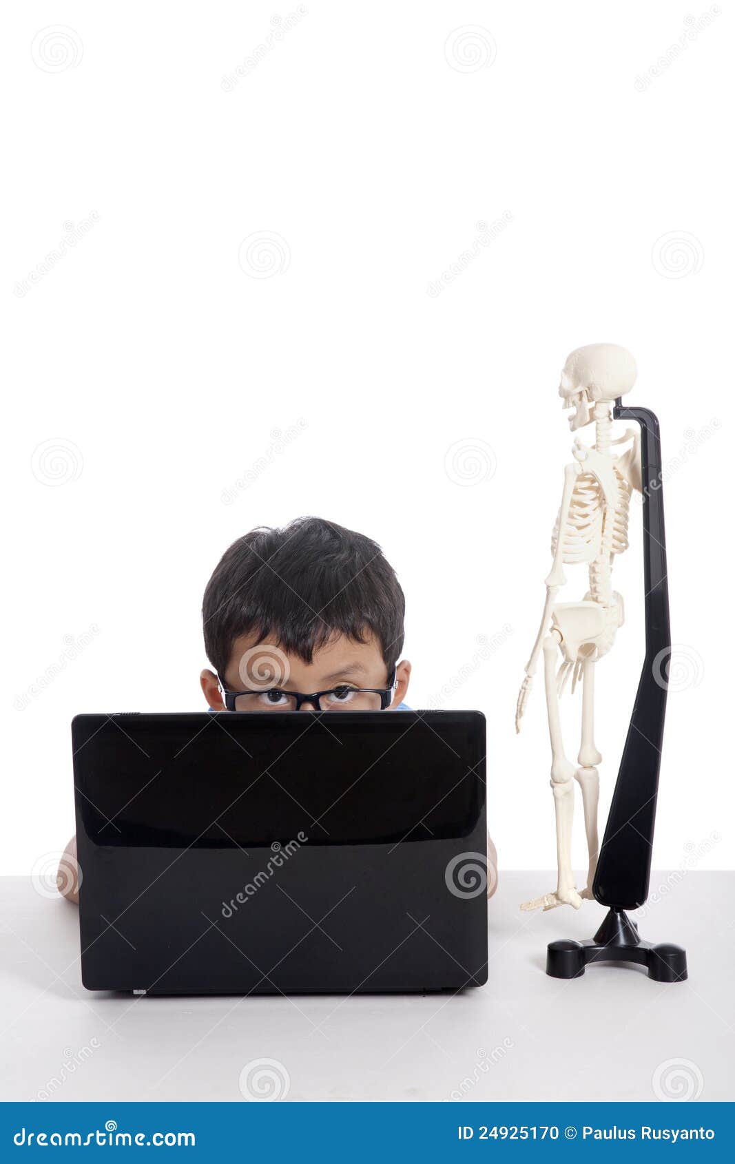 Boy with Laptop and Human Skull Stock Photo - Image of anatomy ...