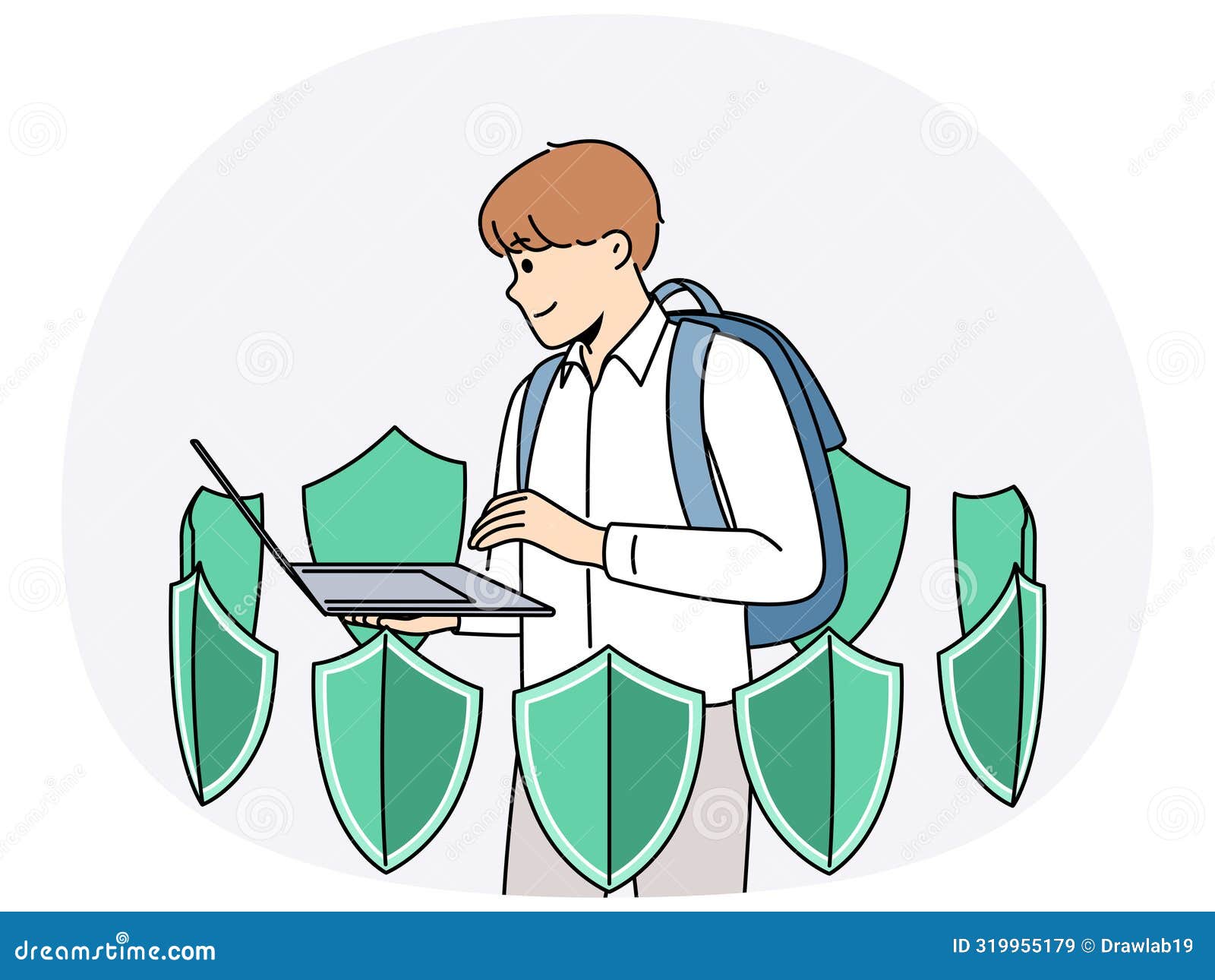 Boy with Laptop is Learning Cyber Protect and Installing Antivirus and ...