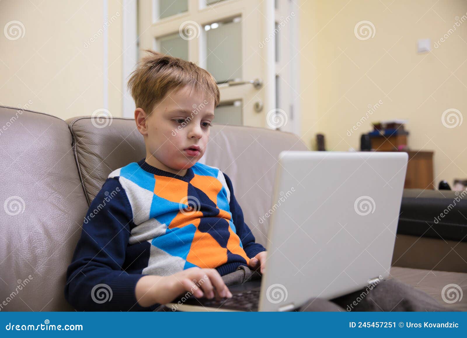 Boy with Laptop on Couch at Home Stock Image - Image of expression ...