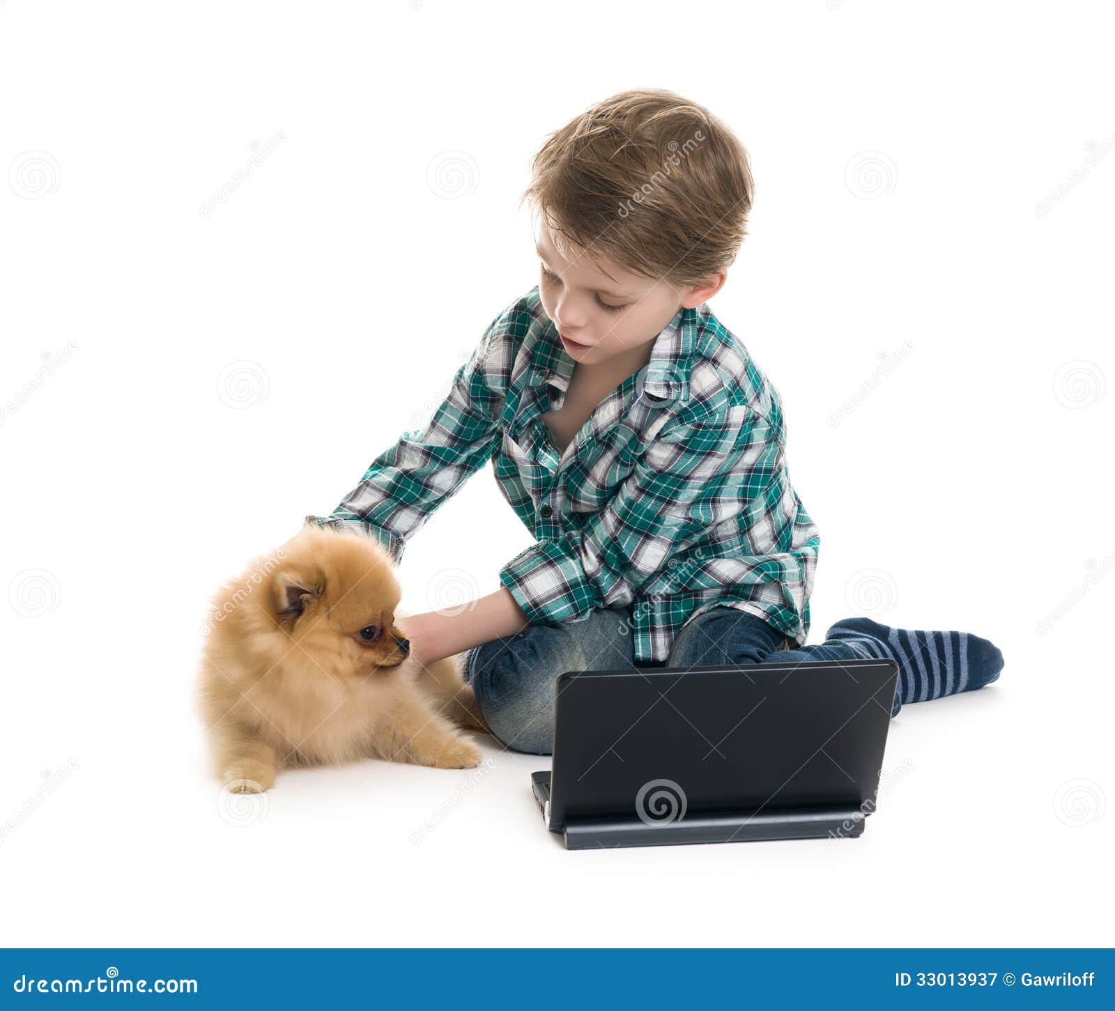Boy with a Laptop and a Puppy Stock Image - Image of person, child ...