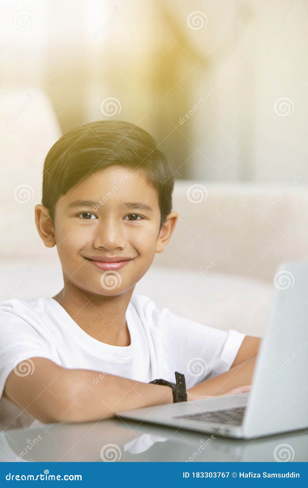 Boy with laptop smiling stock image. Image of smile - 183303767