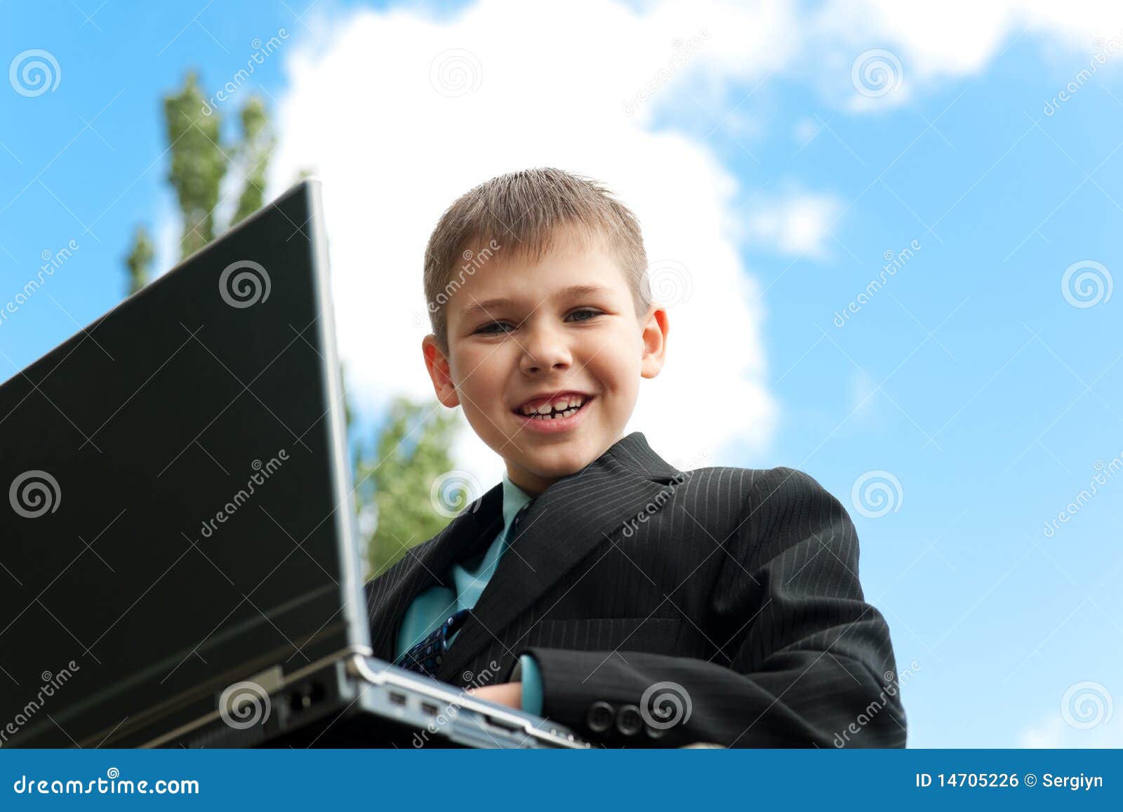 Boy with Laptop Studies Outside Stock Photo - Image of computer, game ...