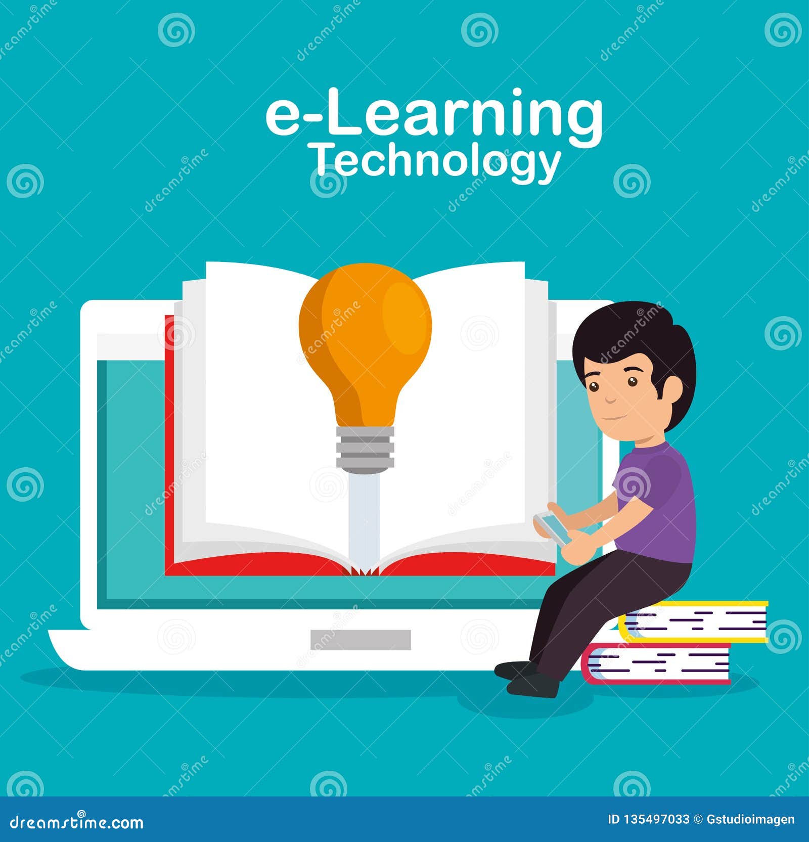 Boy with Laptop Technology Bulb Idea and Books Stock Vector ...