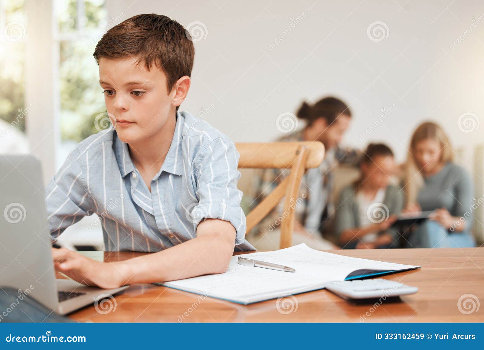 Boy, Laptop and Typing with Books for Homework, Elearning or Childhood ...