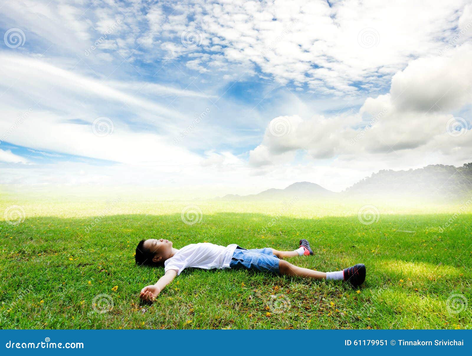 Boy Lay on the Grass Feel Relax Stock Image - Image of male, shirt ...