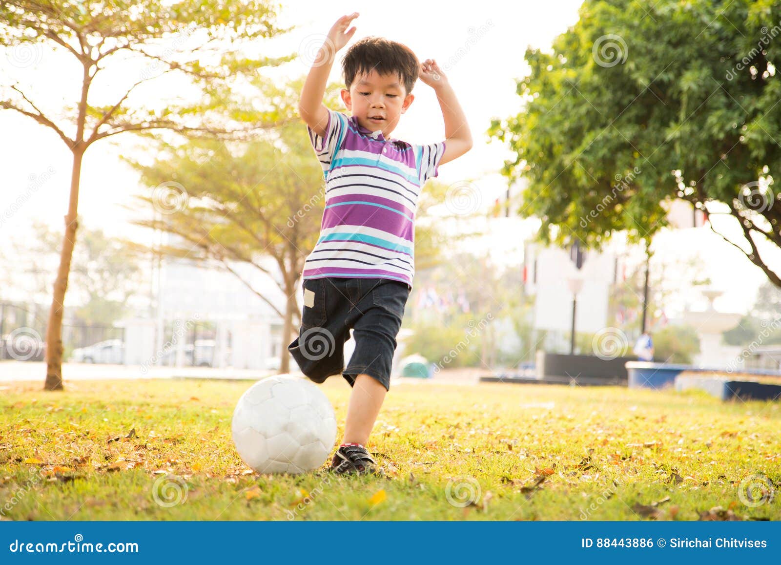 Boy Learning Kick Ball at the Park in the Evening Stock Photo - Image ...