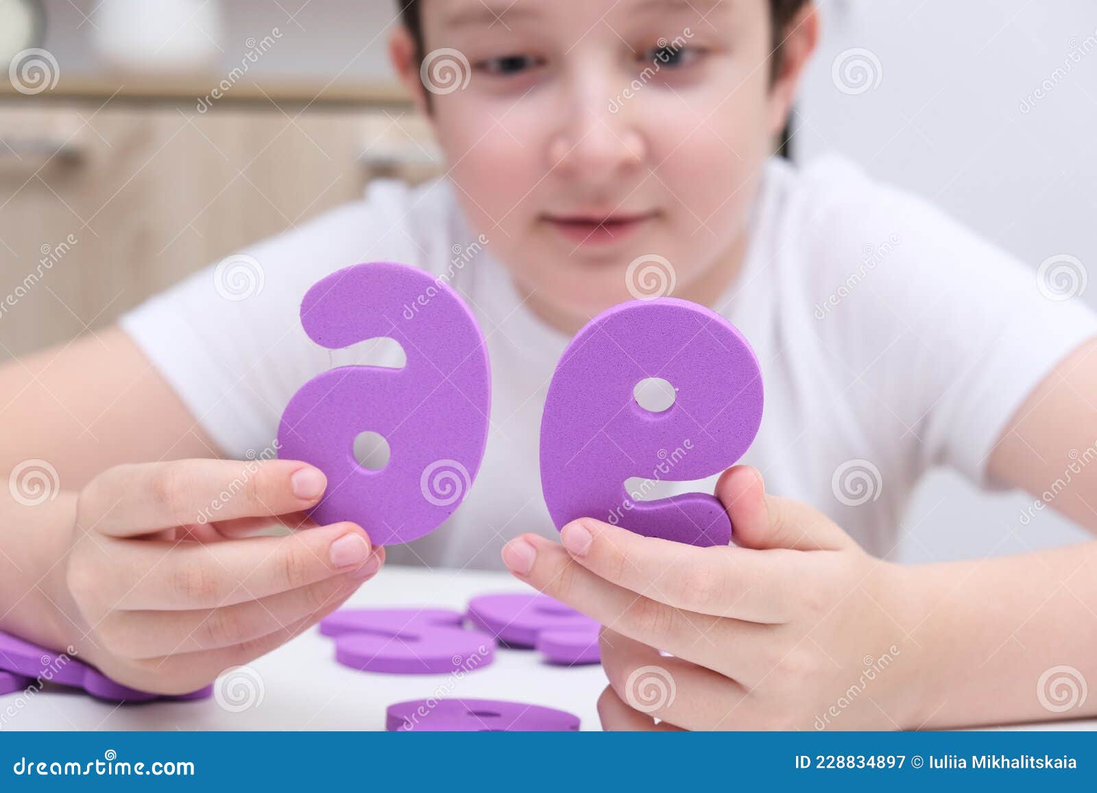 A Boy Learning Math, Count Exercises at Home, Holding Colorful Foam ...
