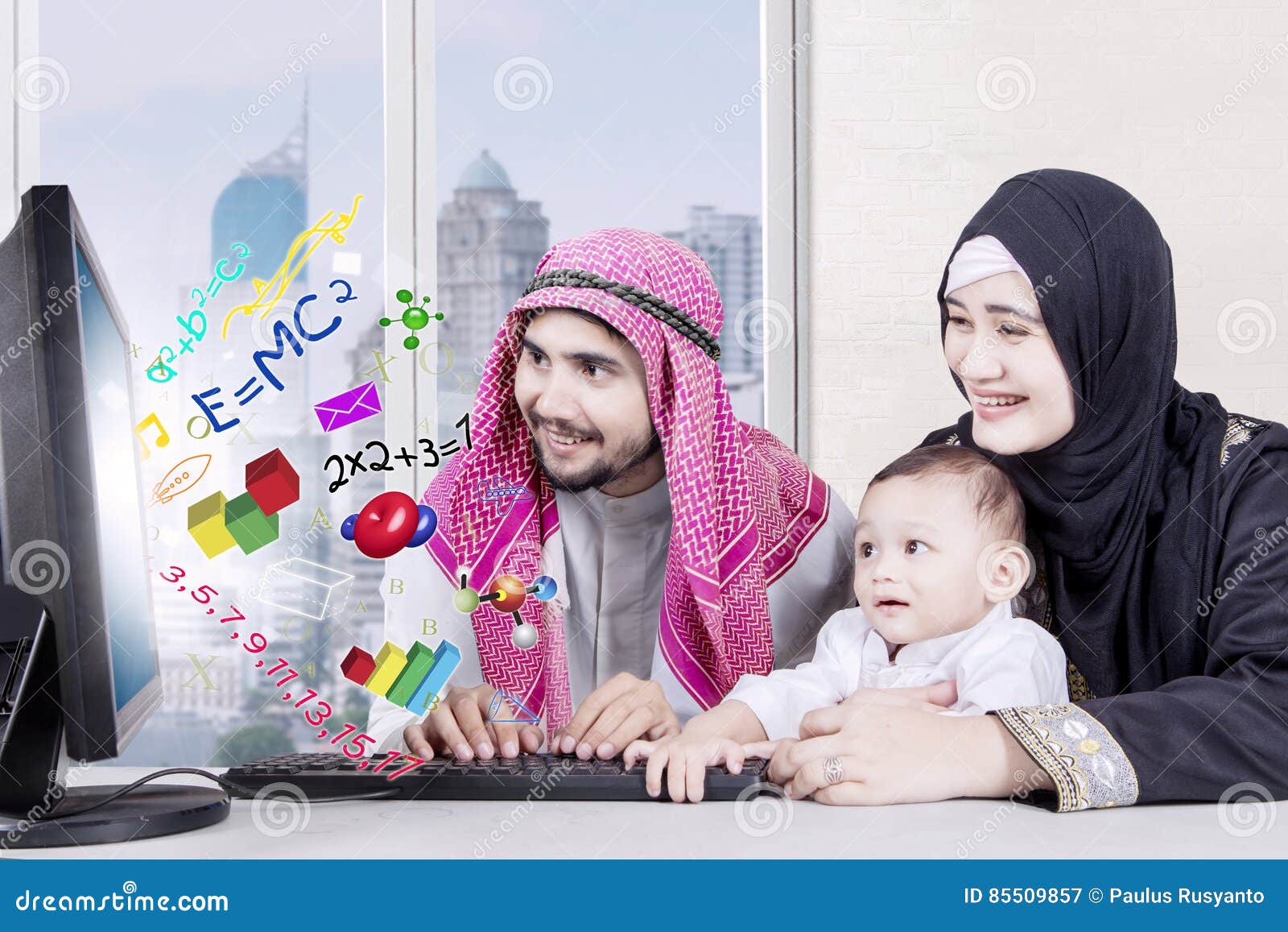 Boy Learning Math on Screen with Parents Stock Image - Image of formula ...