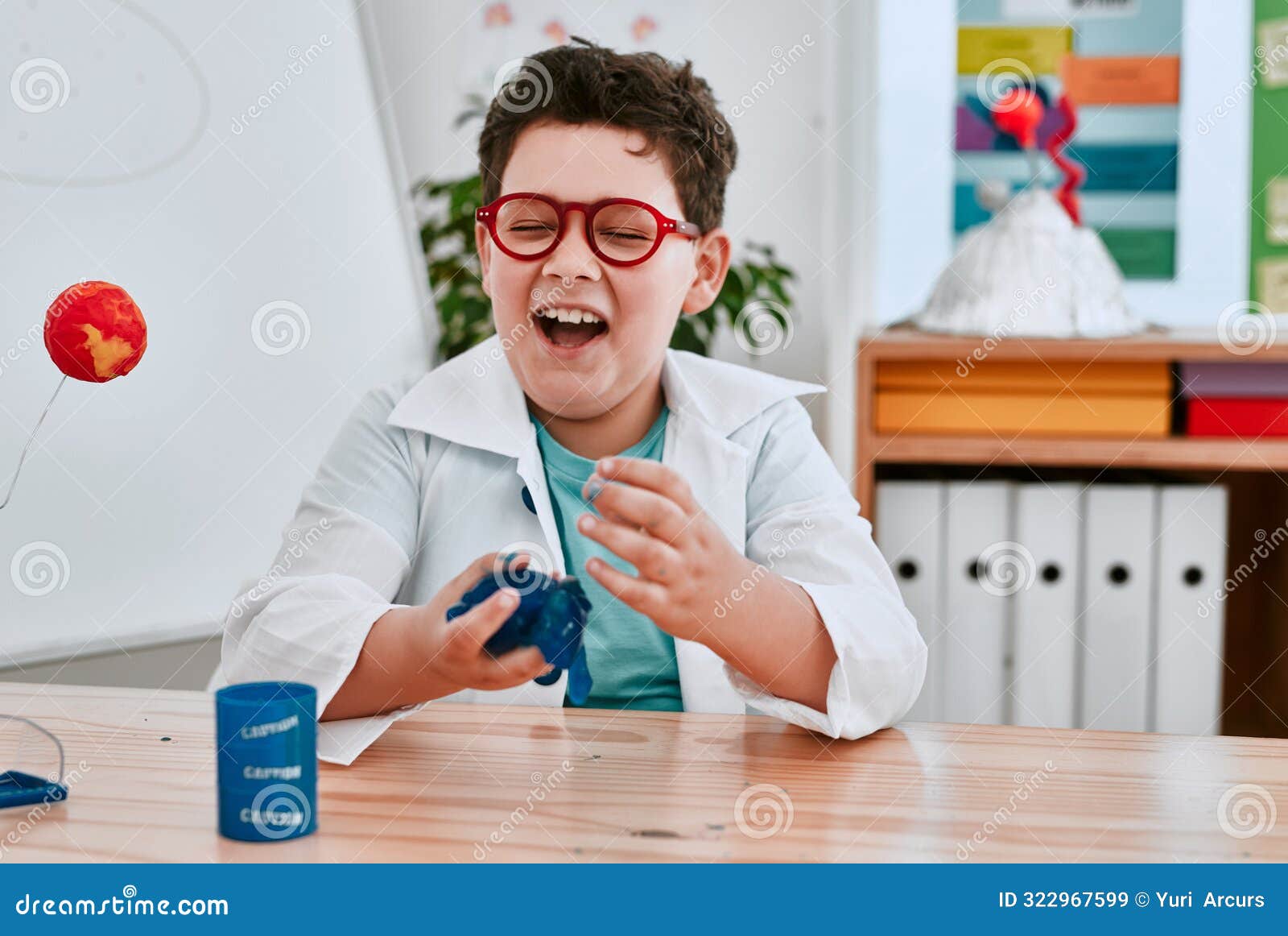 Boy, Learning and Slime in Classroom for Science, Thinking and Lab Coat ...
