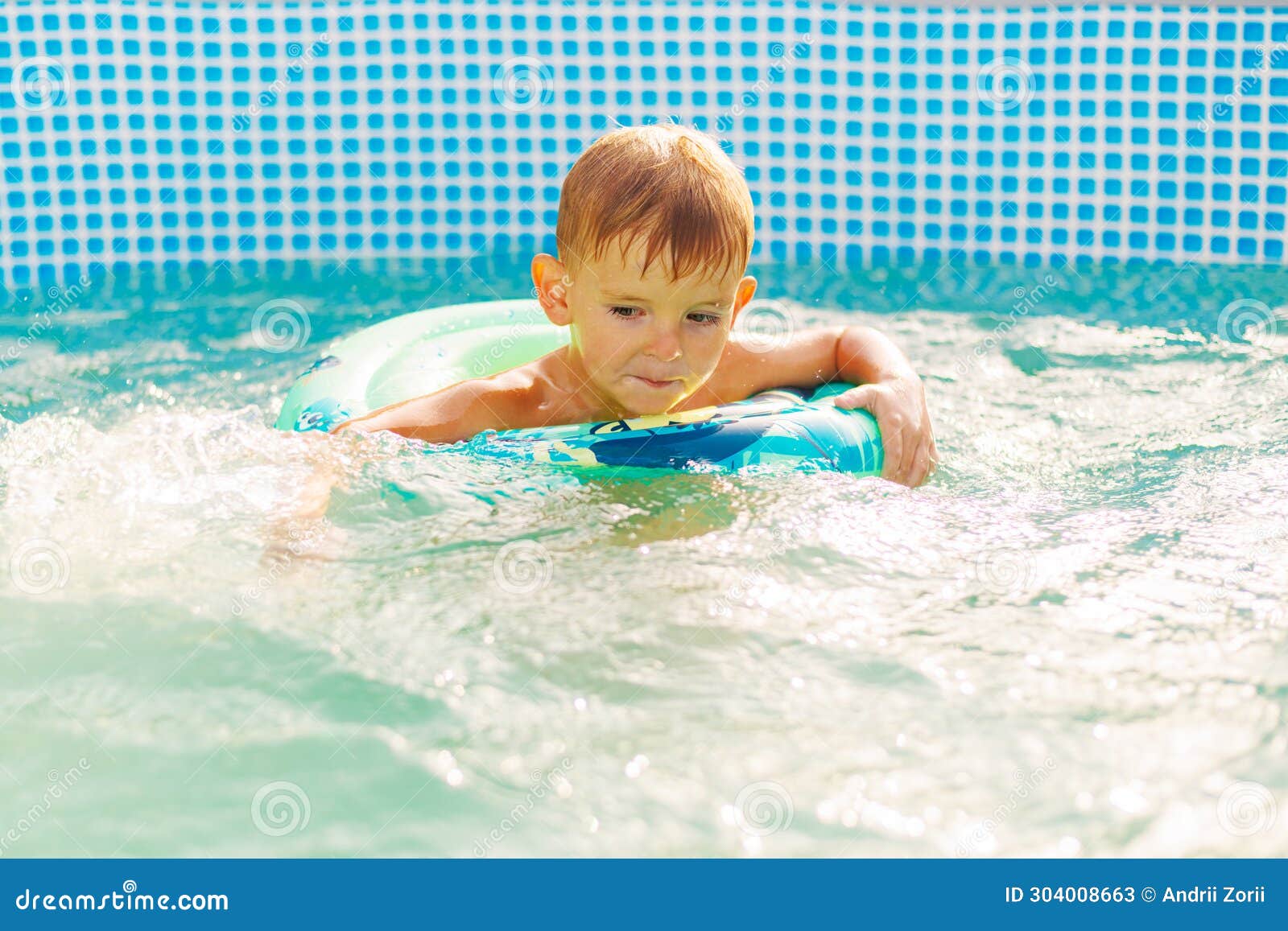 Boy Learning To Swim in Pool with Float Ring Stock Image - Image of ...