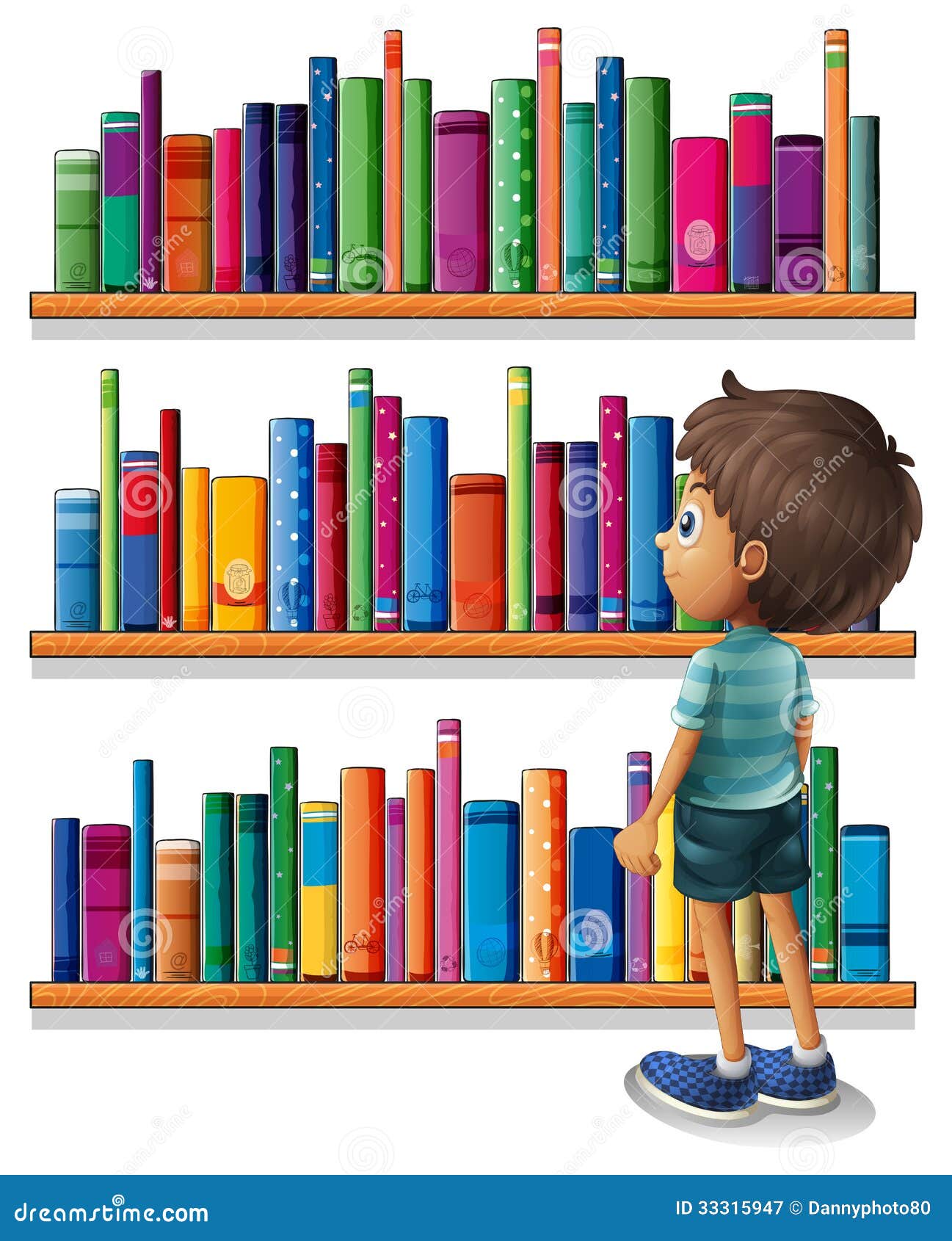 A Boy in the Library in Front of the Bookshelves Stock Vector ...