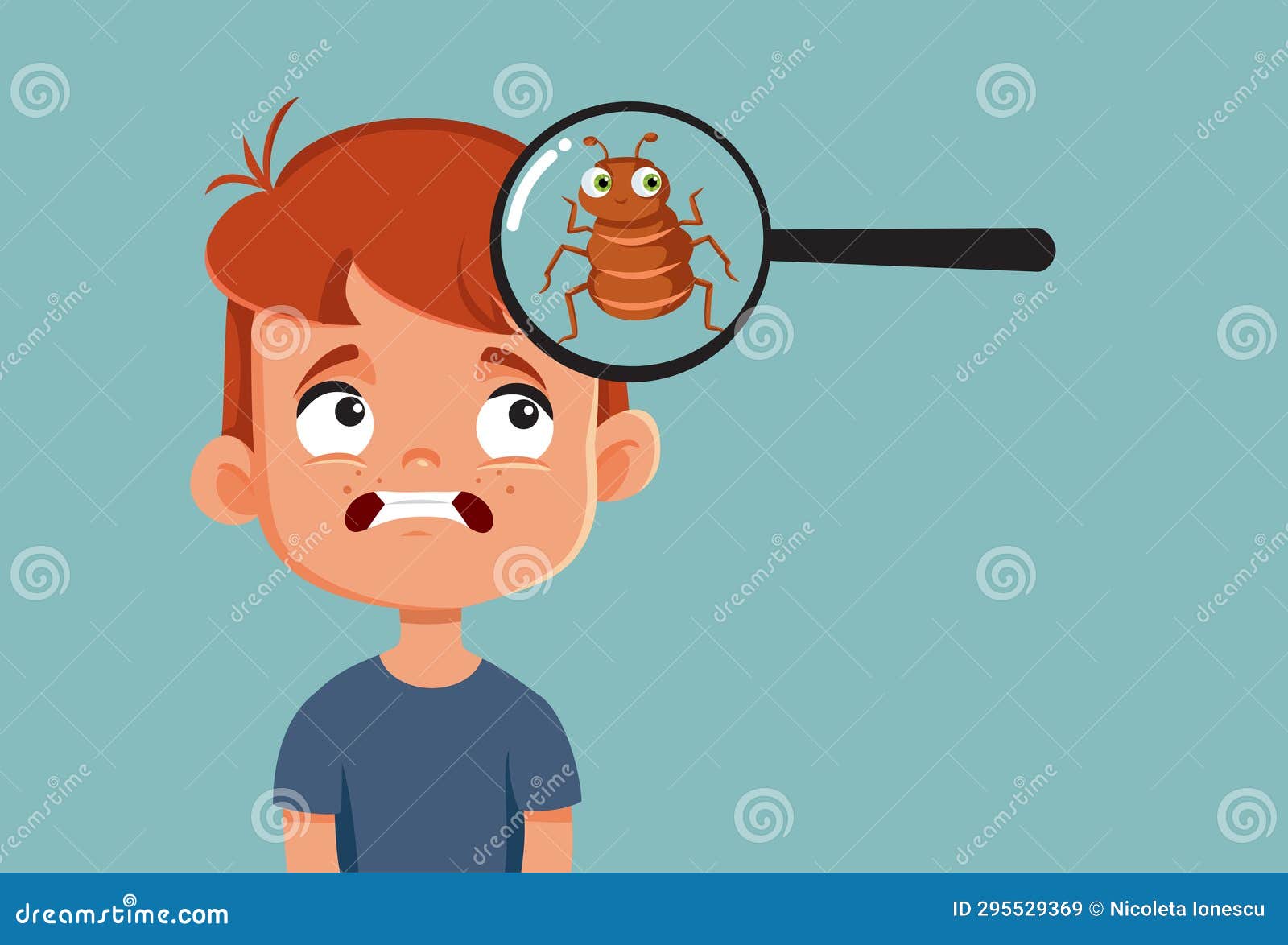 Boy with Lice Being Analyzed with a Magnifying Glass Vector Cartoon ...