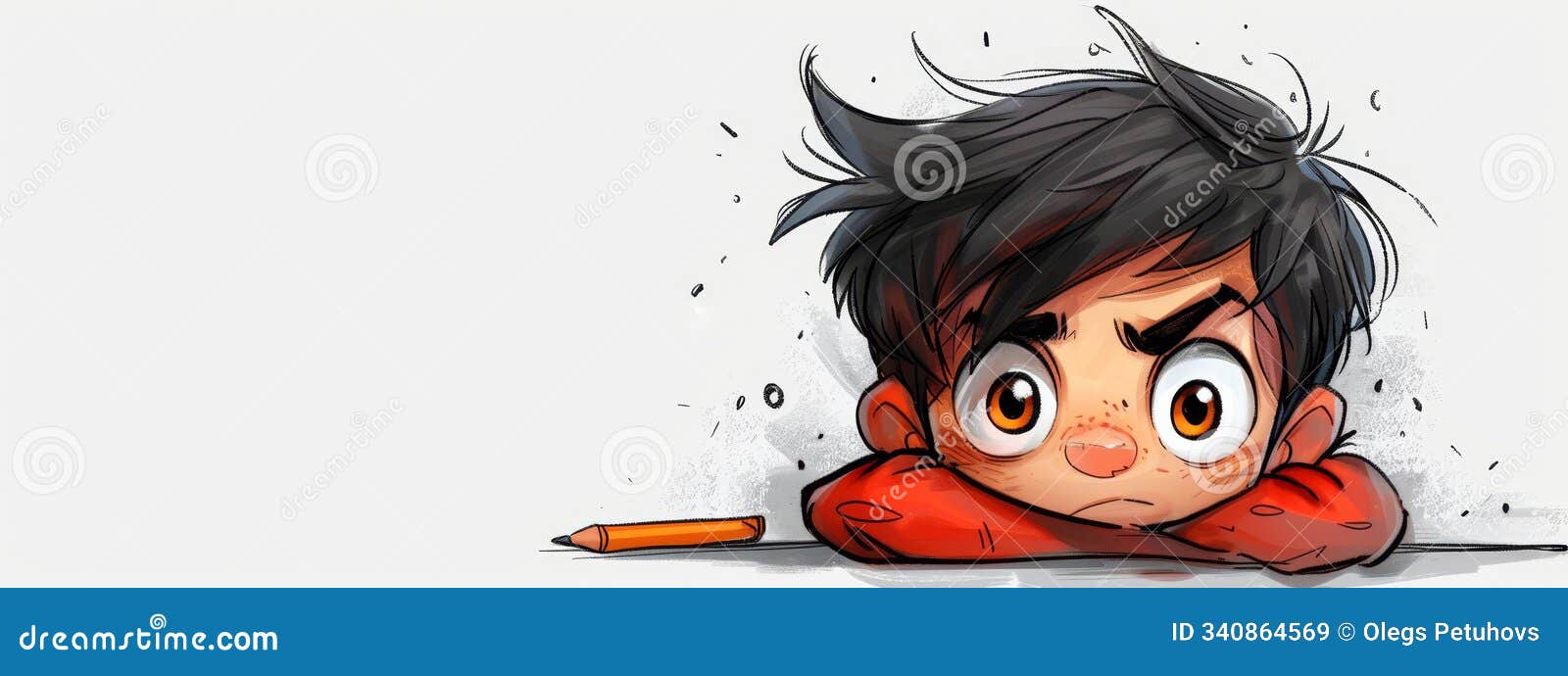 A Boy Lies on the Ground, Holding a Pencil in One Hand and Biting ...