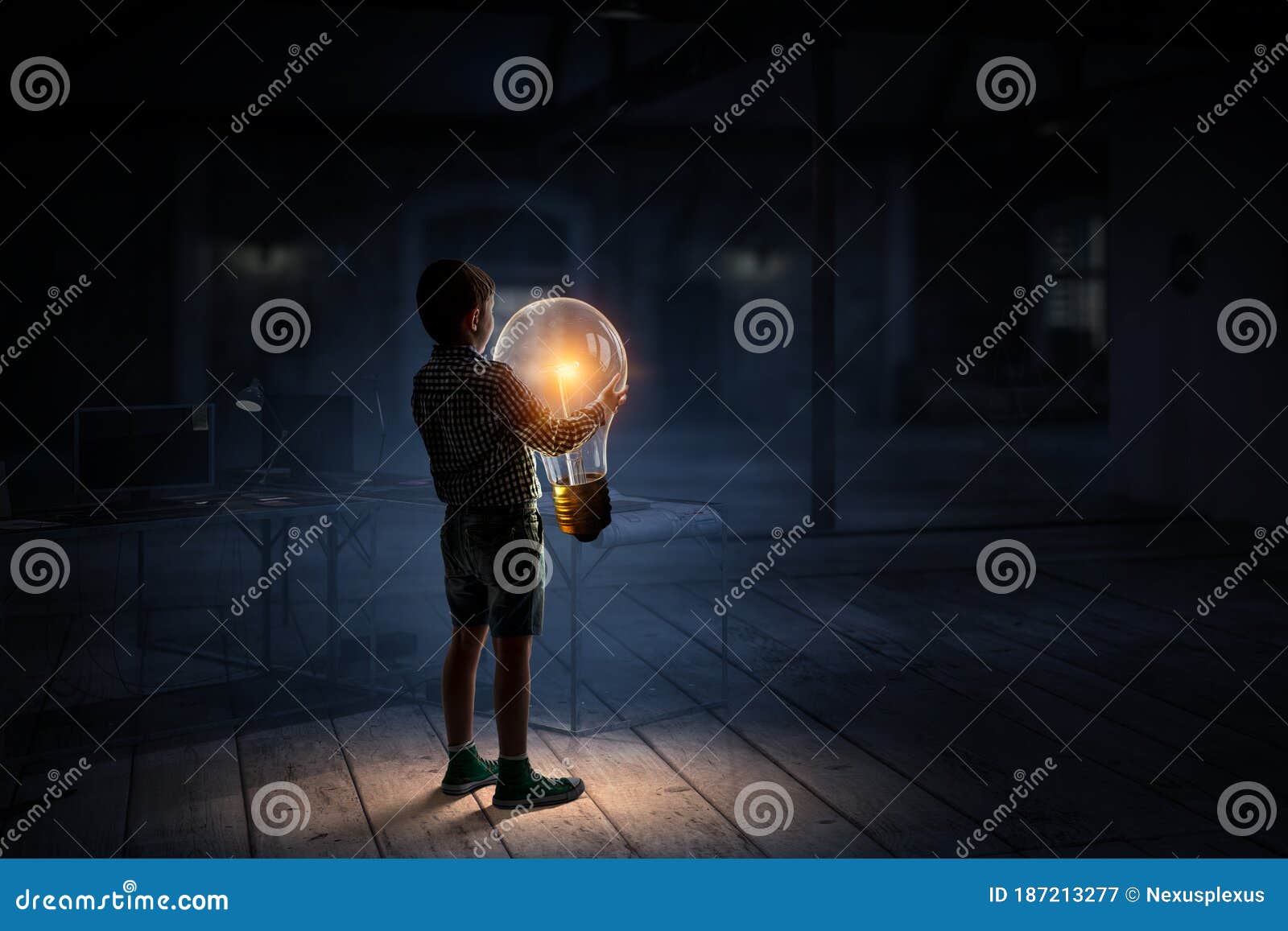 Boy with a light bulb stock image. Image of happiness - 187213277