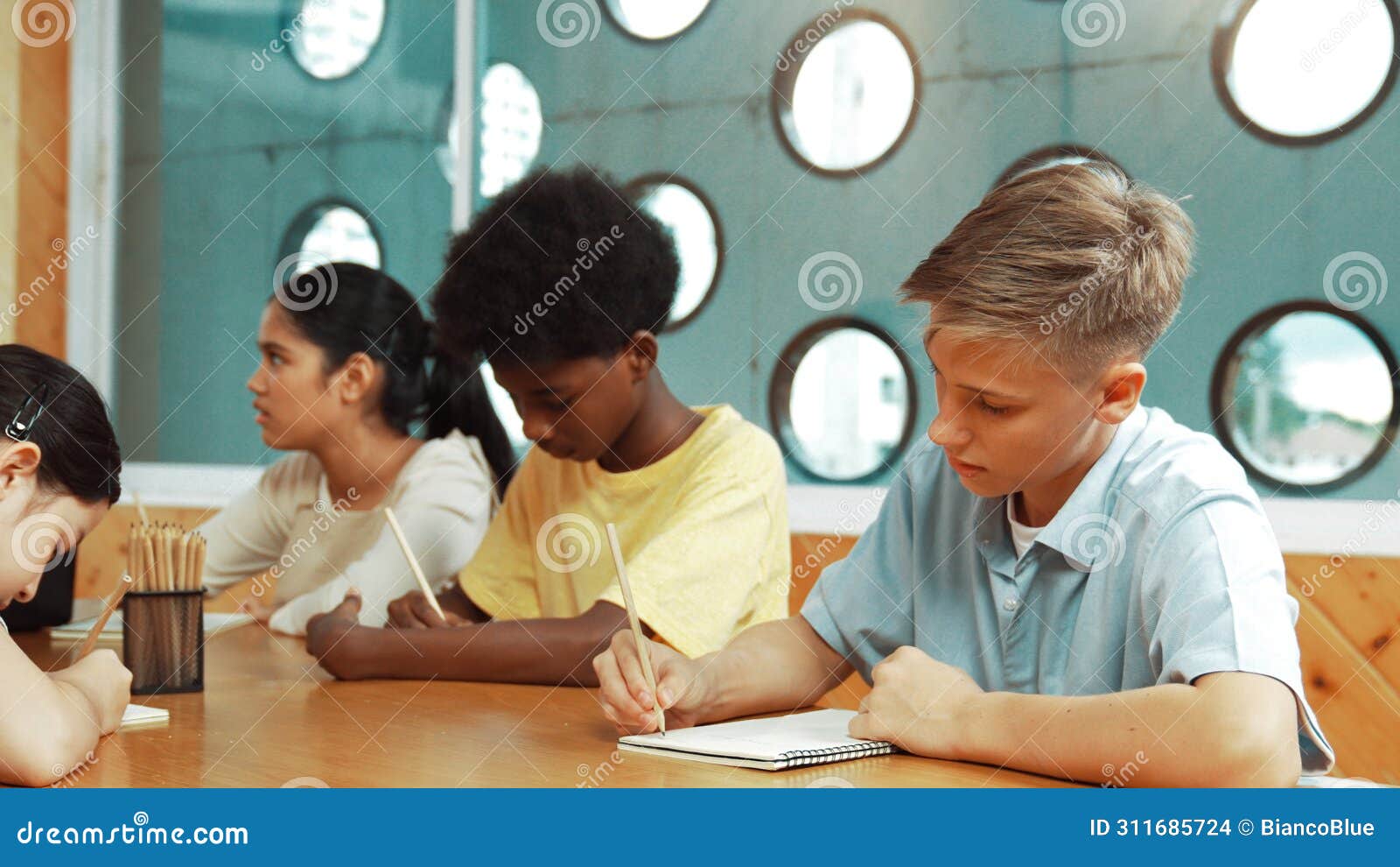 Boy Listening Teacher Explain while Lecturing and Think about Idea ...