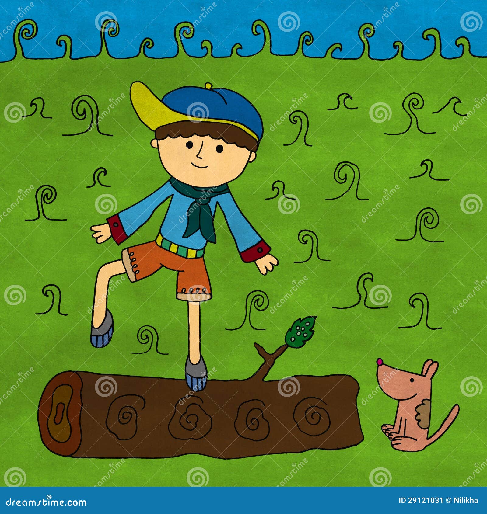 Boy on log stock illustration. Illustration of cute, balance - 29121031