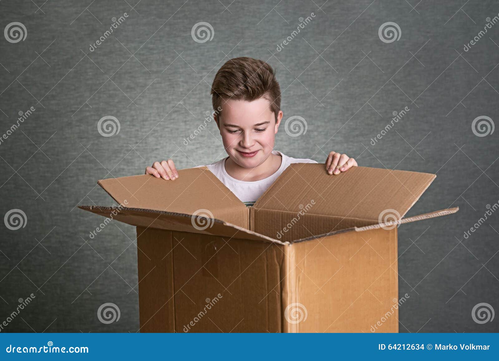 Boy is Looking in a Cardboard Box Stock Photo - Image of service, cute ...