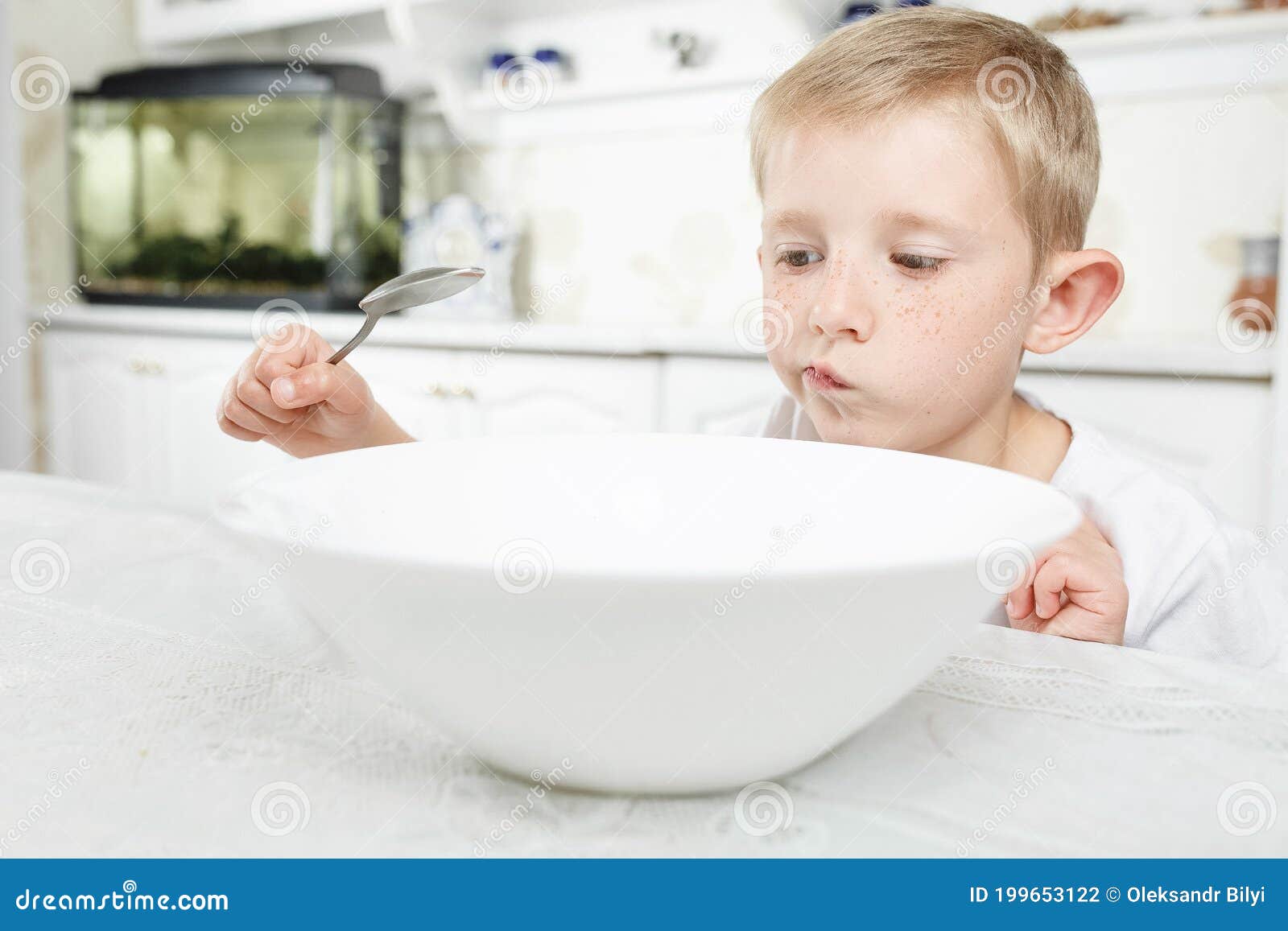 Boy is Looking at an Empty Plate Stock Photo - Image of lifestyle ...