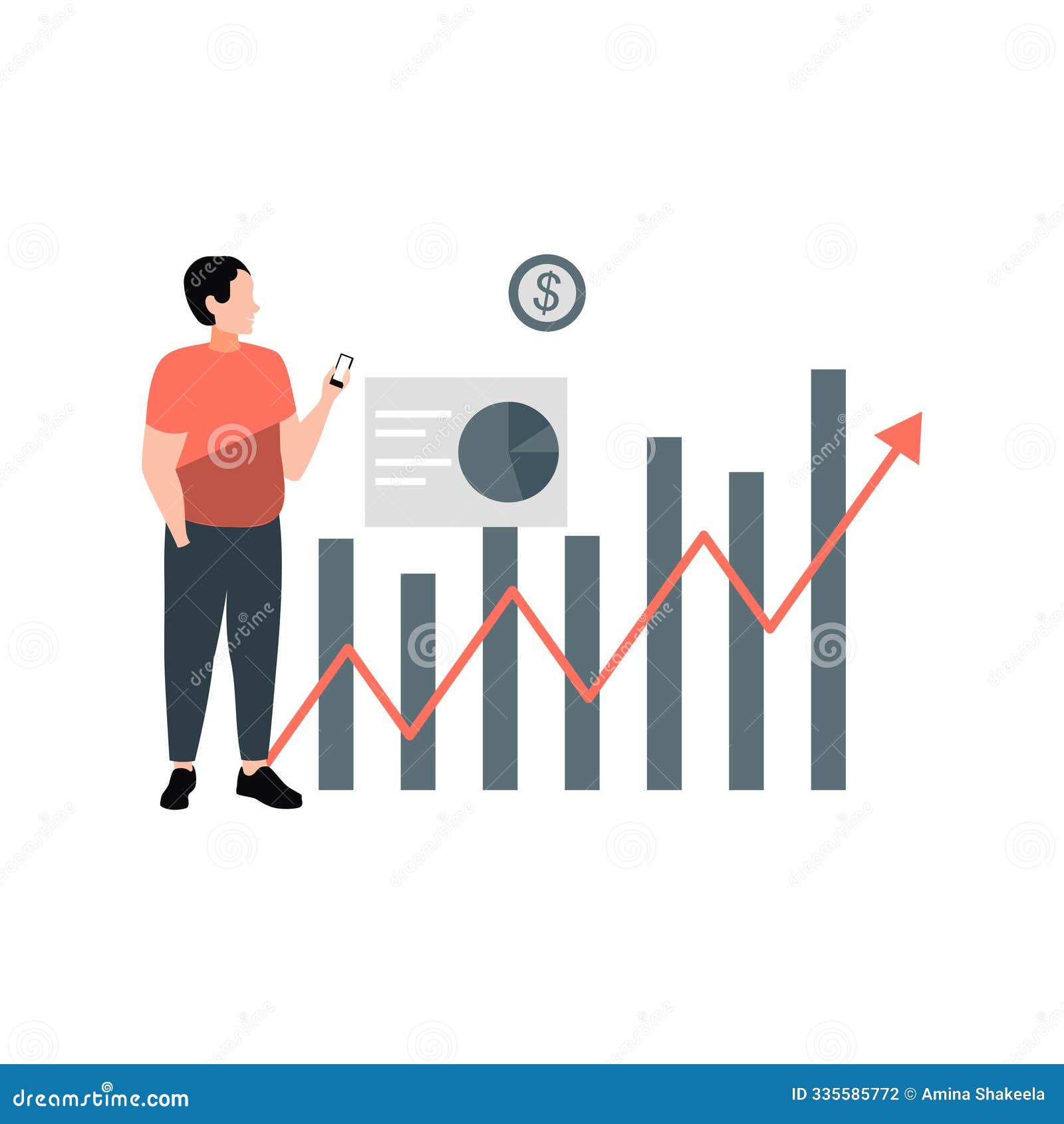 Boy is Looking at Graph on Mobile Stock Illustration - Illustration of ...