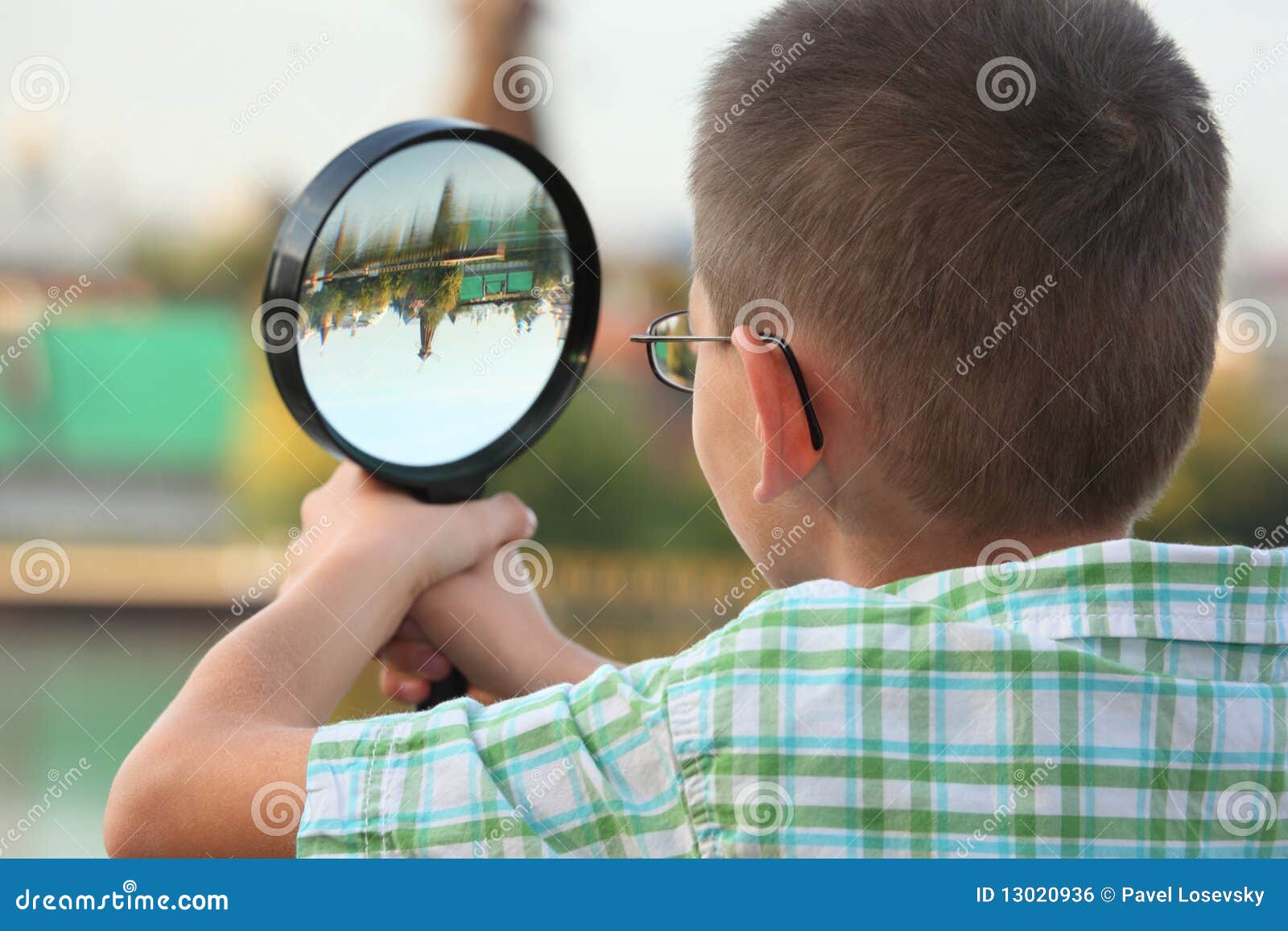 Boy is Looking through Magnifier in Fall Park Stock Photo - Image of ...